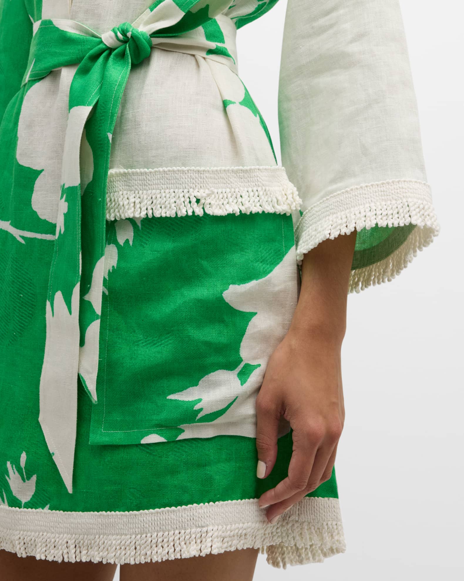 Oroton Belted Floral-Print Fringe-Trim Mini Dress | Neiman Marcus