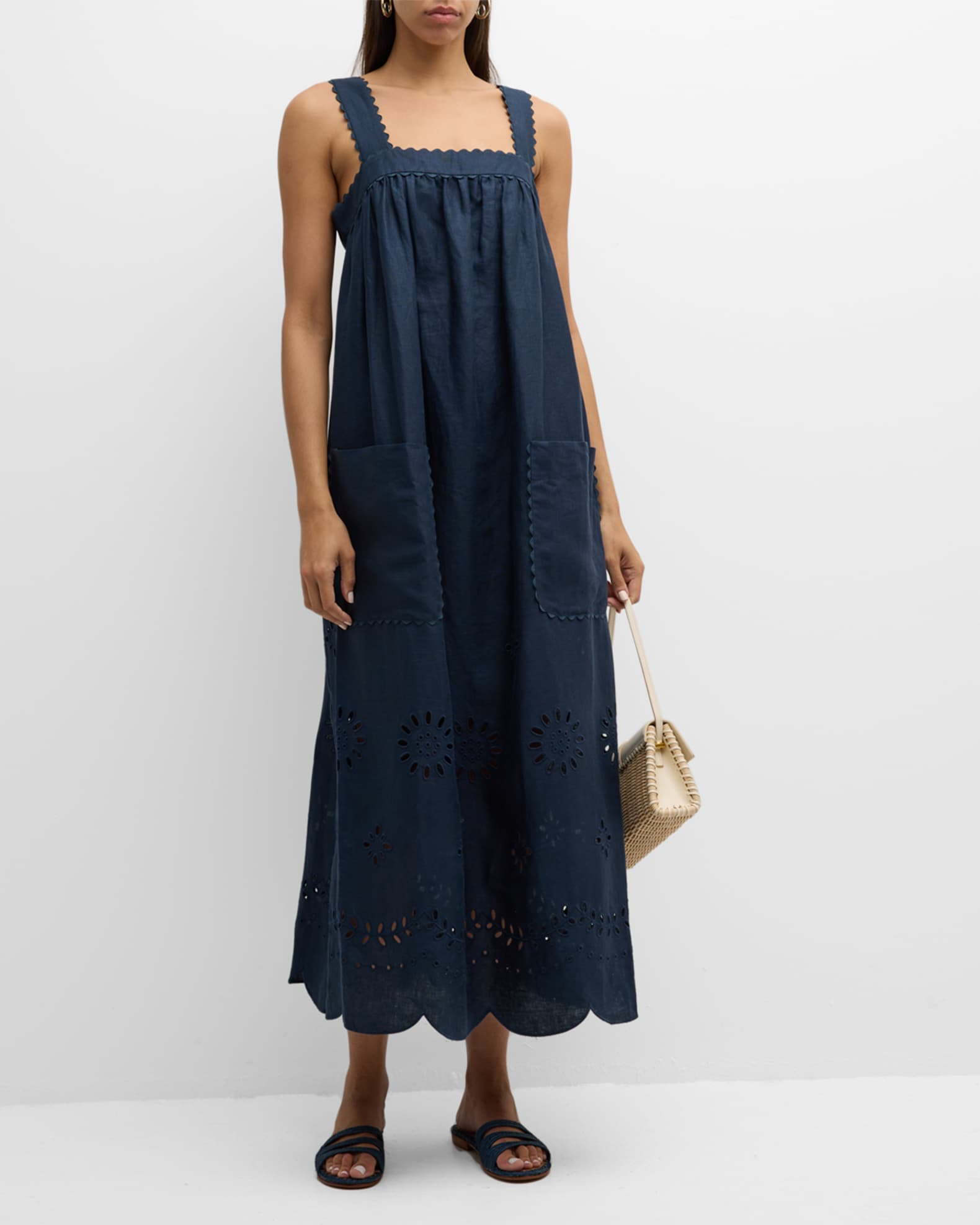 Oroton Sleeveless Scalloped Eyelet Midi Dress | Neiman Marcus