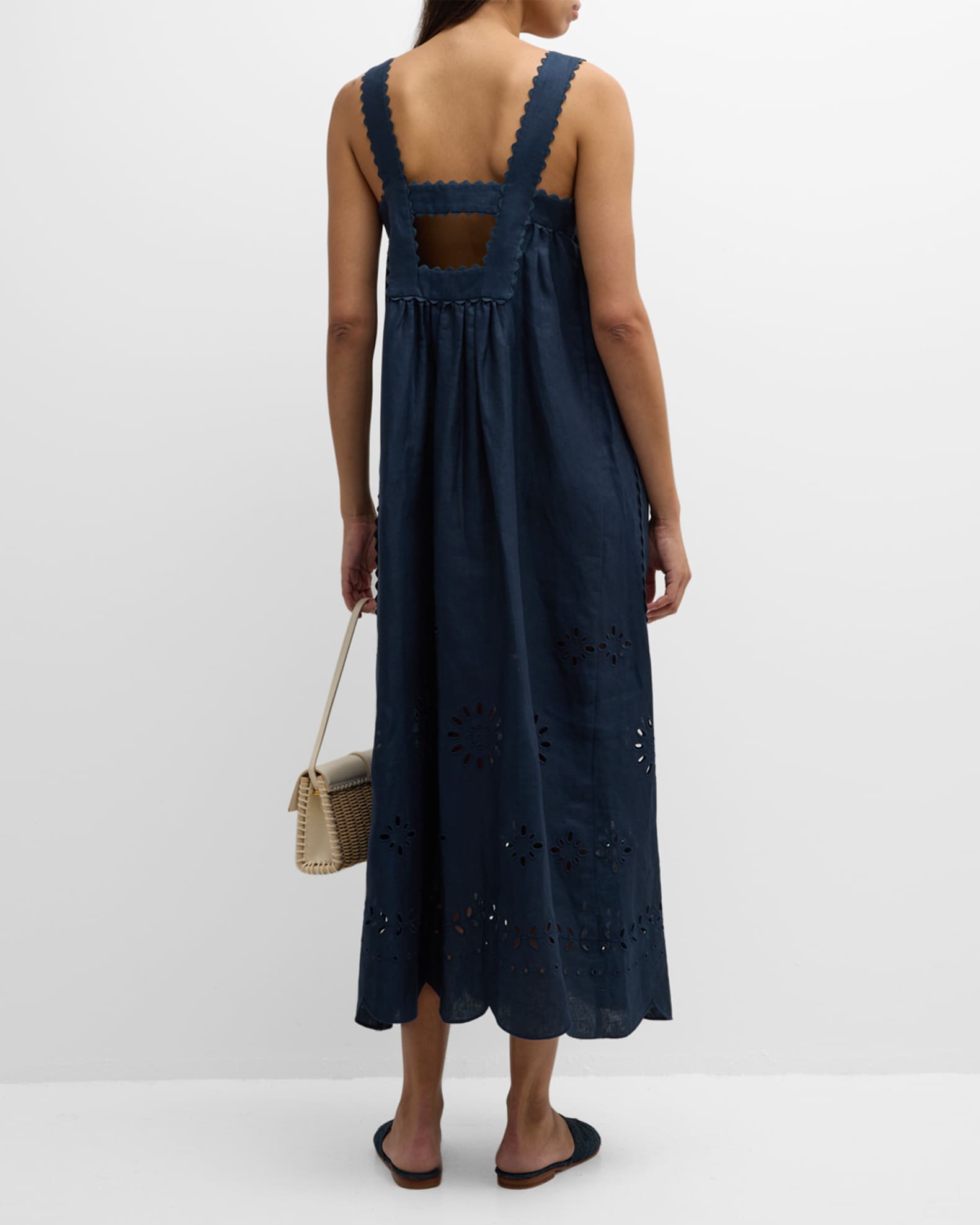 Oroton Sleeveless Scalloped Eyelet Midi Dress | Neiman Marcus
