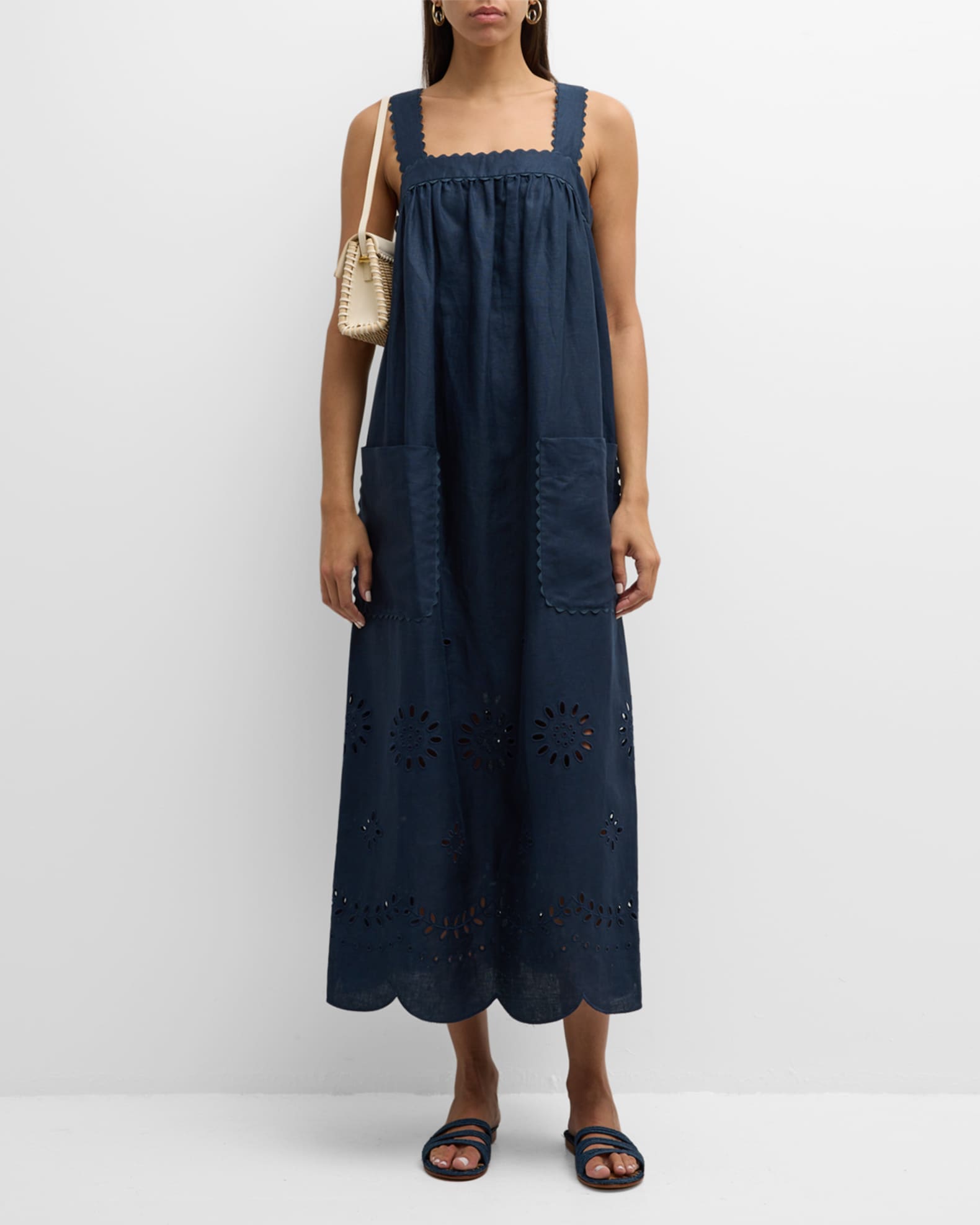 Oroton Sleeveless Scalloped Eyelet Midi Dress | Neiman Marcus
