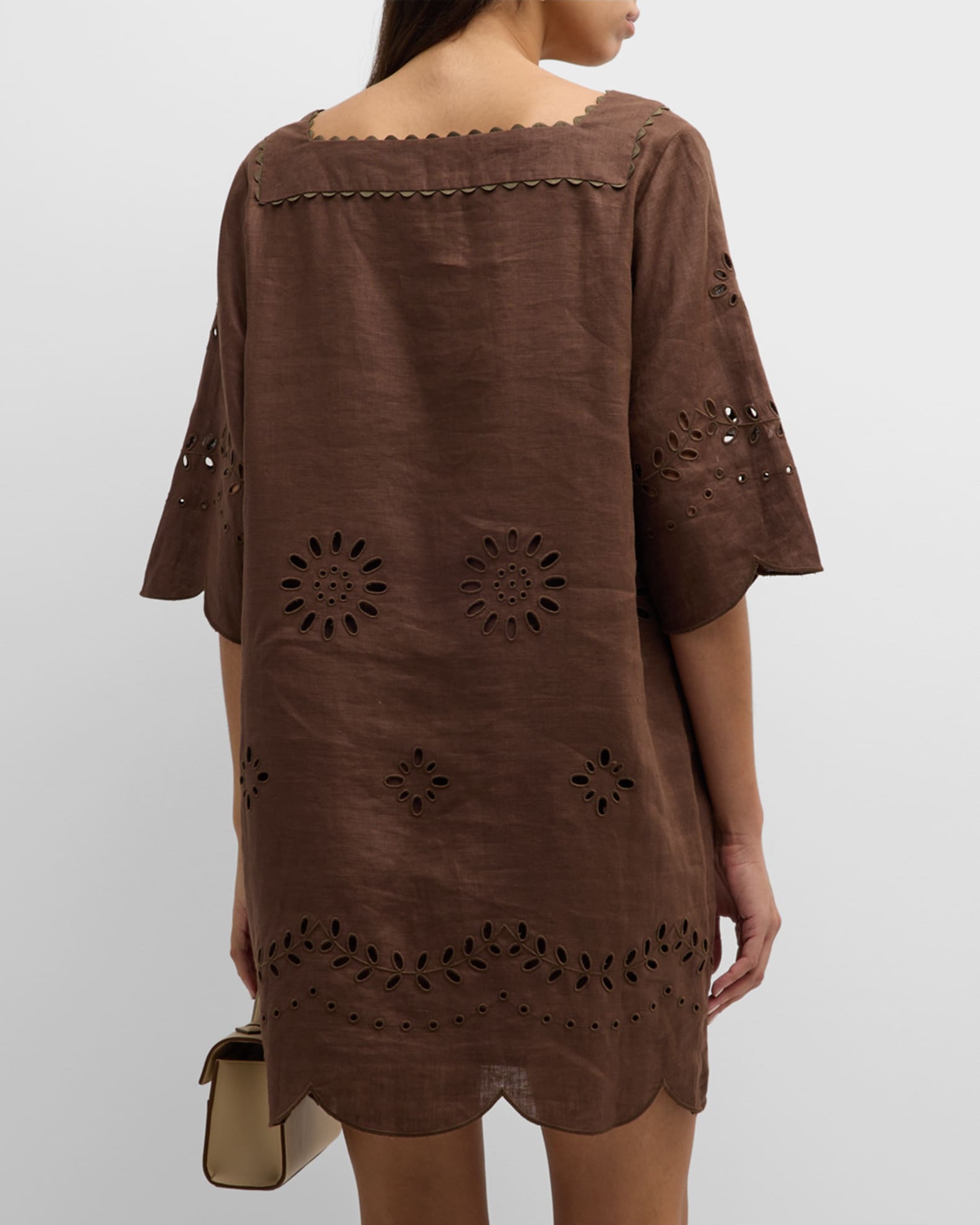 Oroton Scalloped Eyelet-Embroidered Shift Mini Dress | Neiman Marcus