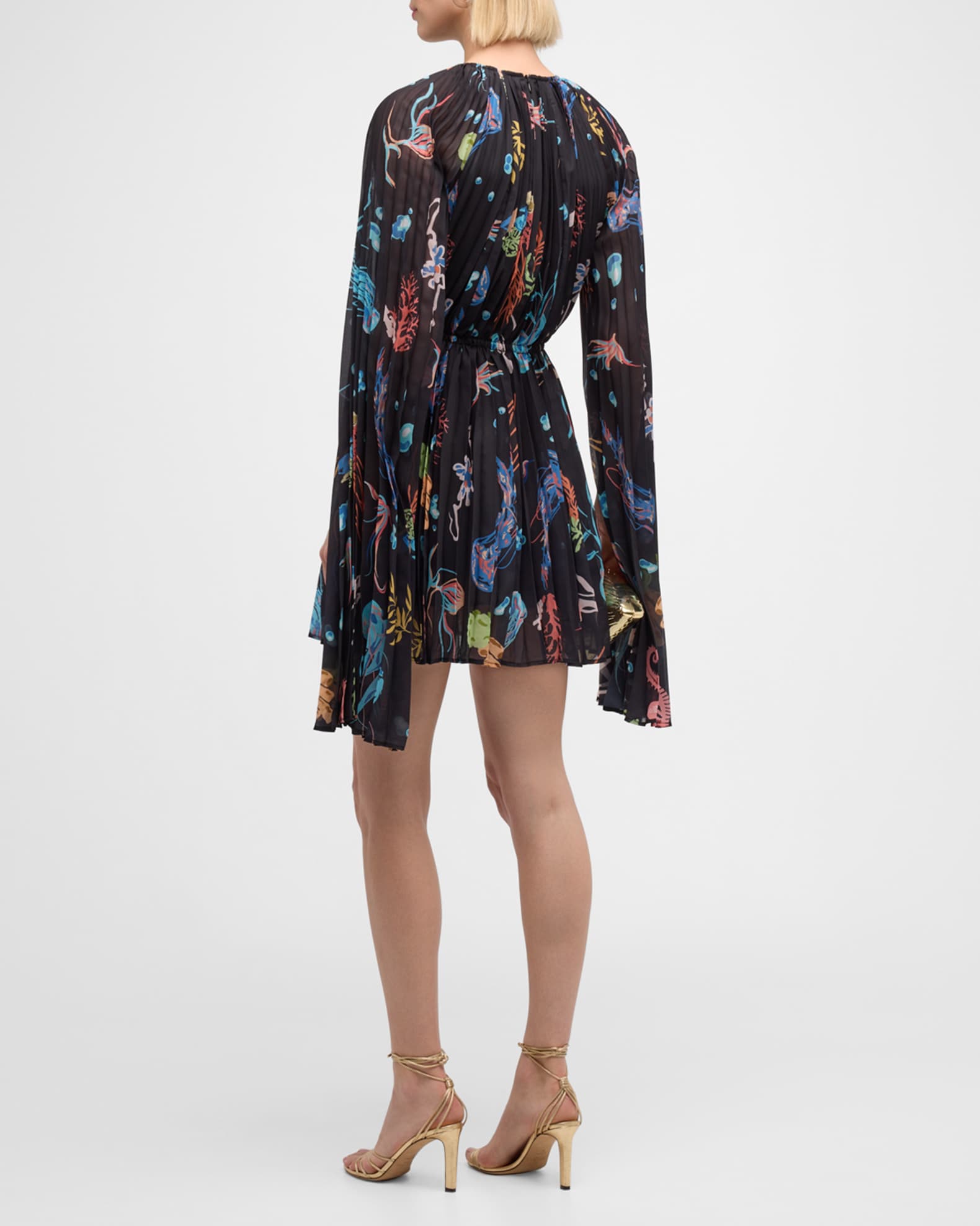 LEO LIN Evelyn Pleated Printed Split-Sleeve Mini Dress | Neiman Marcus