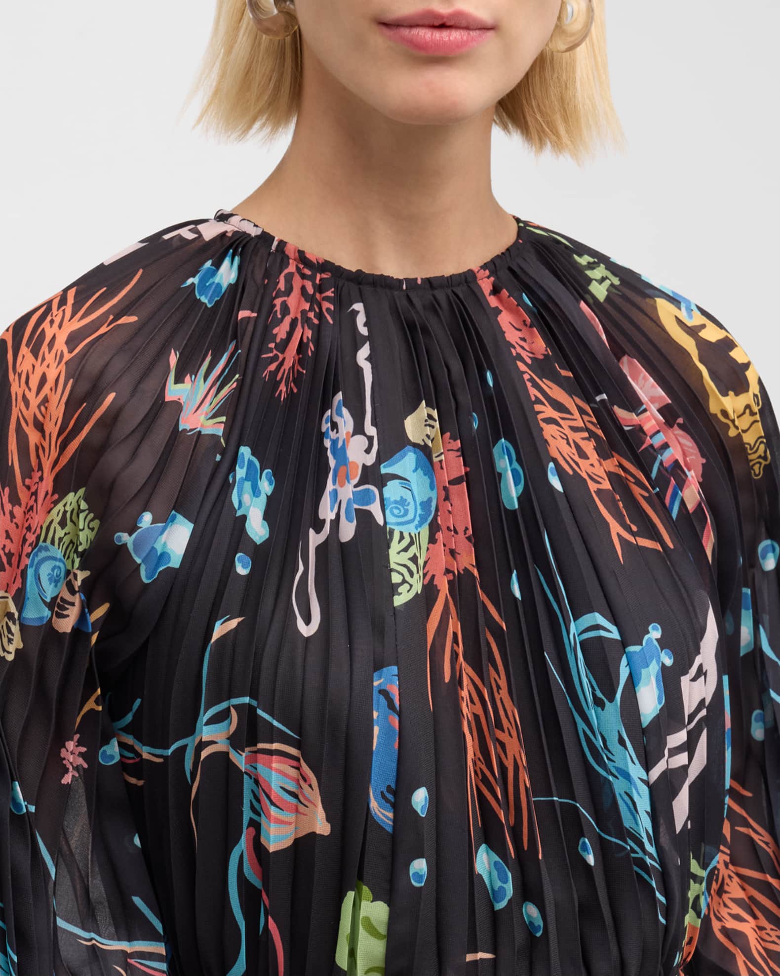 LEO LIN Evelyn Pleated Printed Split-Sleeve Mini Dress | Neiman Marcus