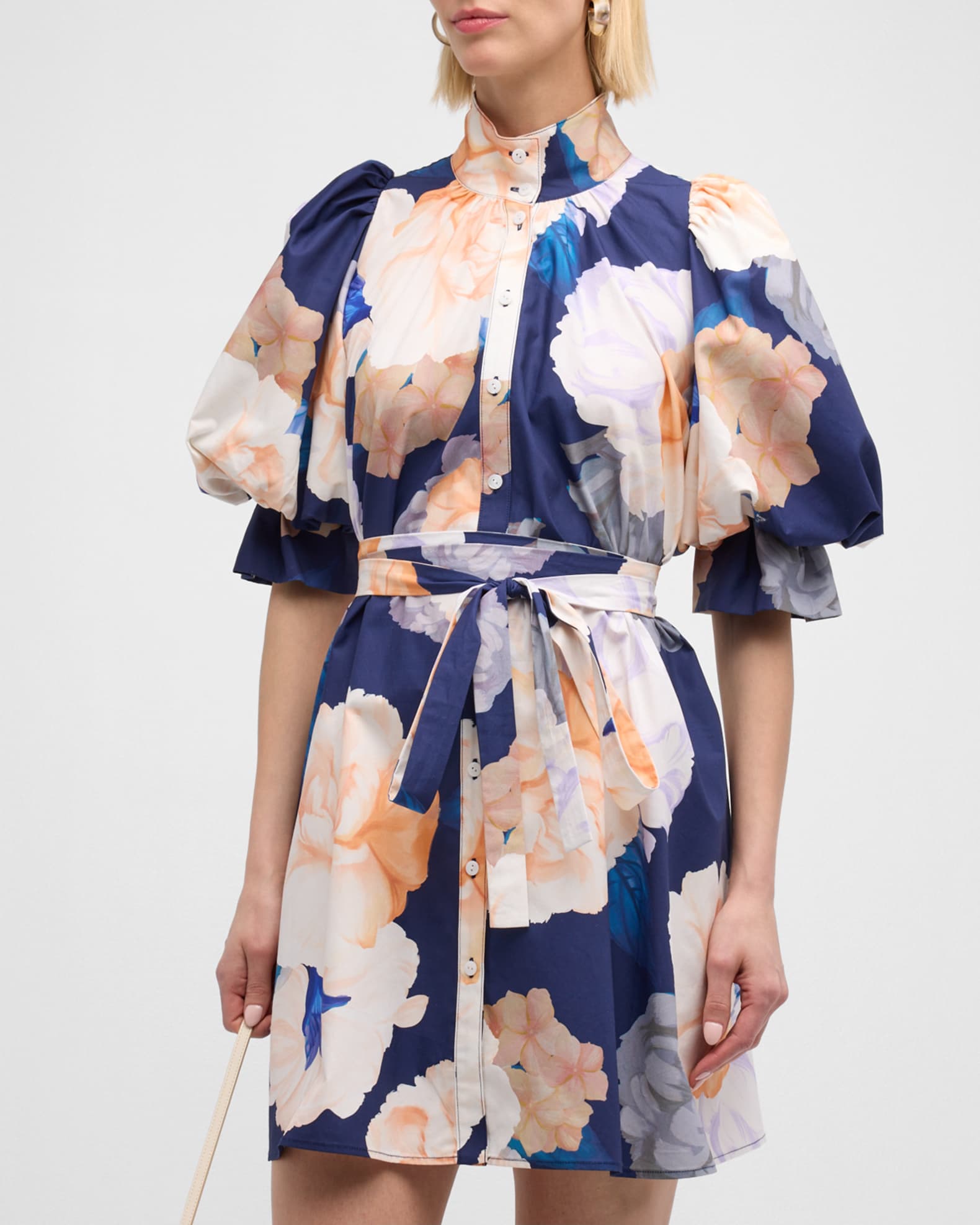 LEO LIN Eli Belted Puff-Sleeve Floral-Print Mini Dress | Neiman Marcus