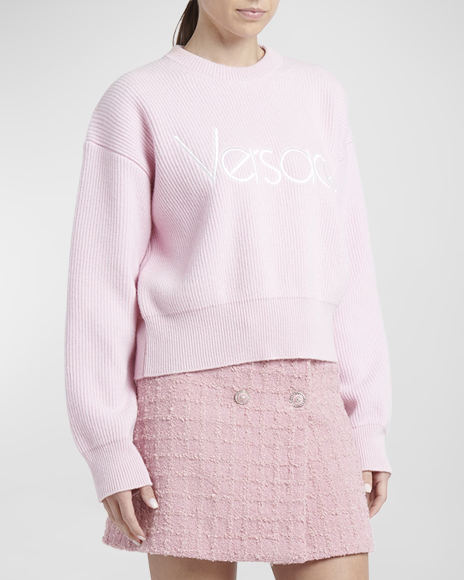 Versace 90s Logo Embroidered Rib Crewneck Sweater | Neiman Marcus