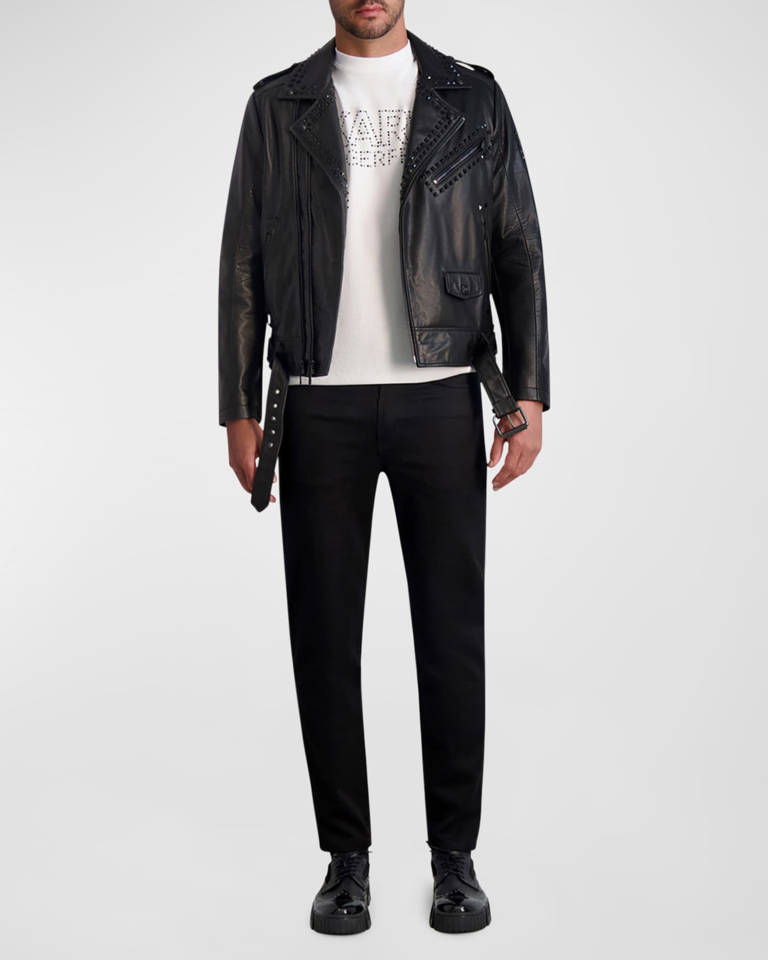Karl Lagerfeld Paris White Label Men's Studded Leather Biker Jacket ...