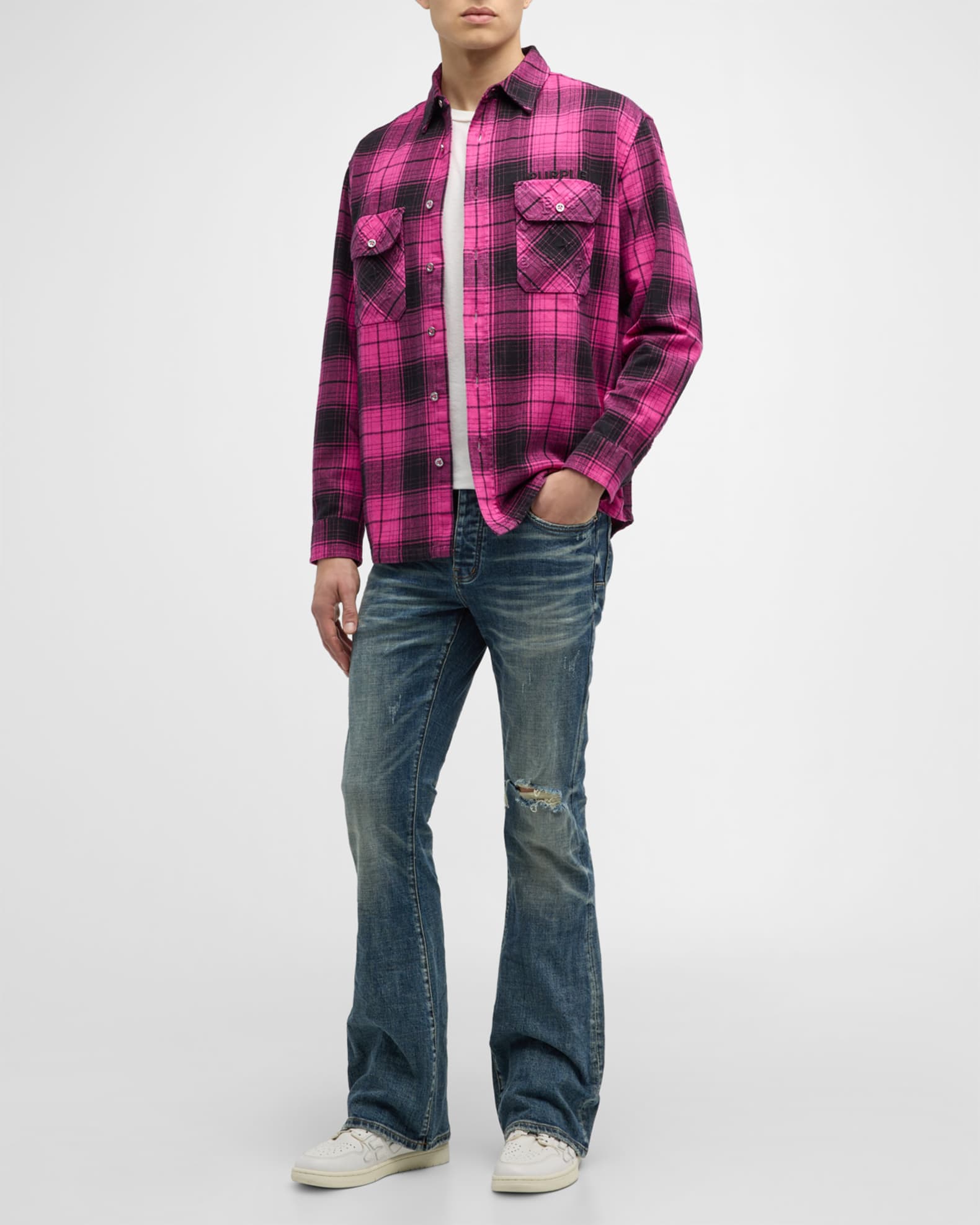 PURPLE Men's Plaid Flannel Button-Down Shirt | Neiman Marcus