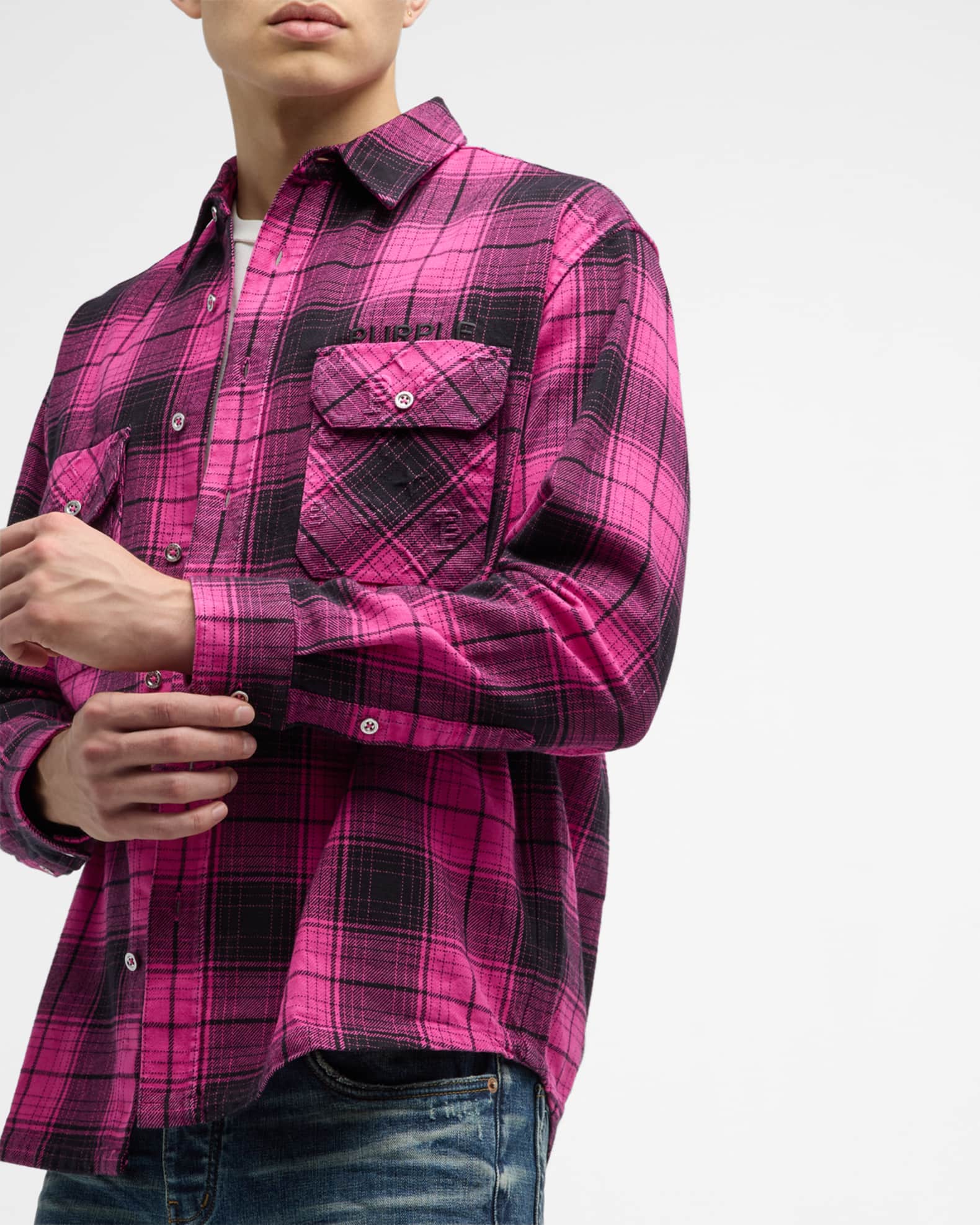 PURPLE Men's Plaid Flannel Button-Down Shirt | Neiman Marcus
