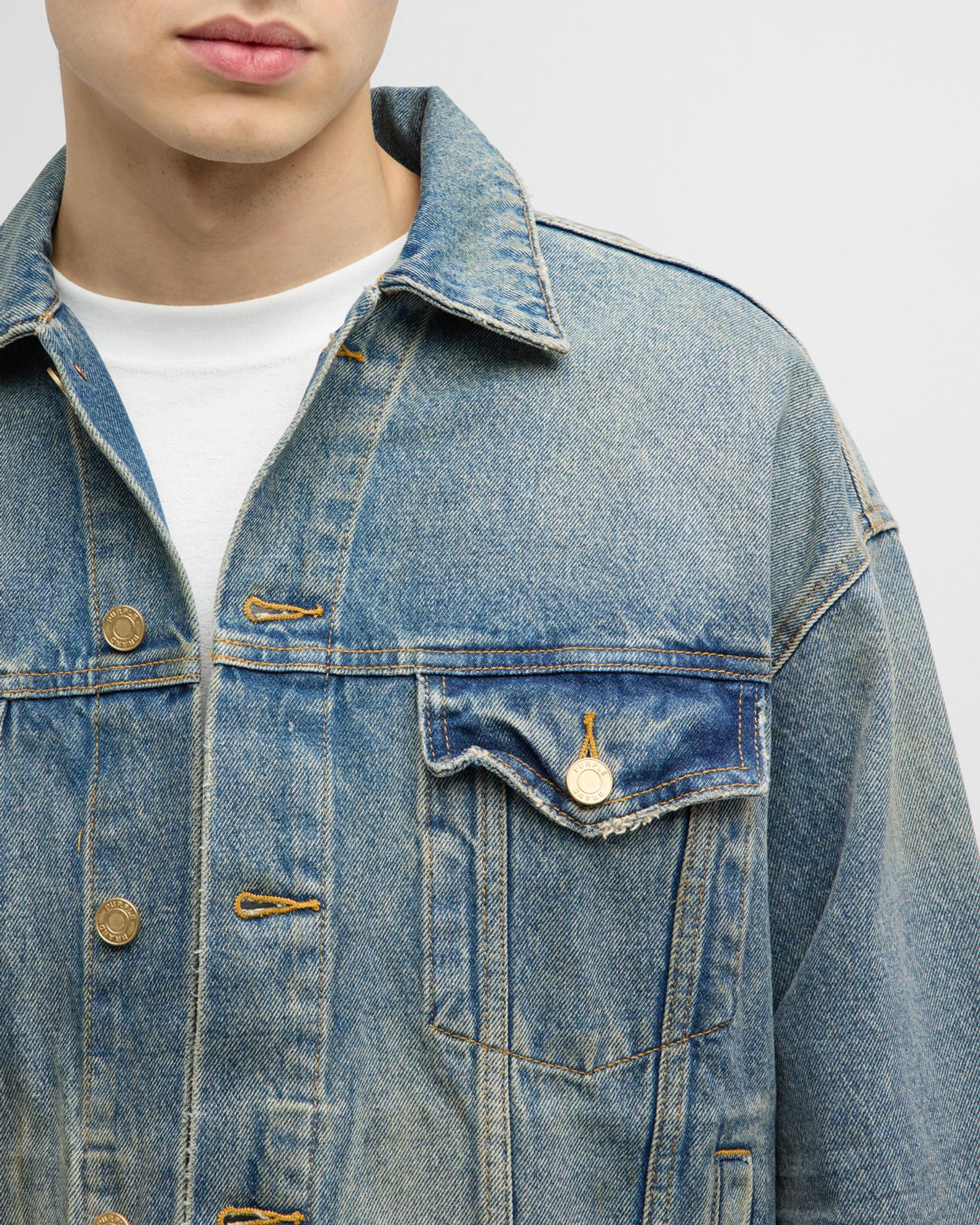 PURPLE Men's Vintage Dirty Oversized Trucker Jacket | Neiman Marcus