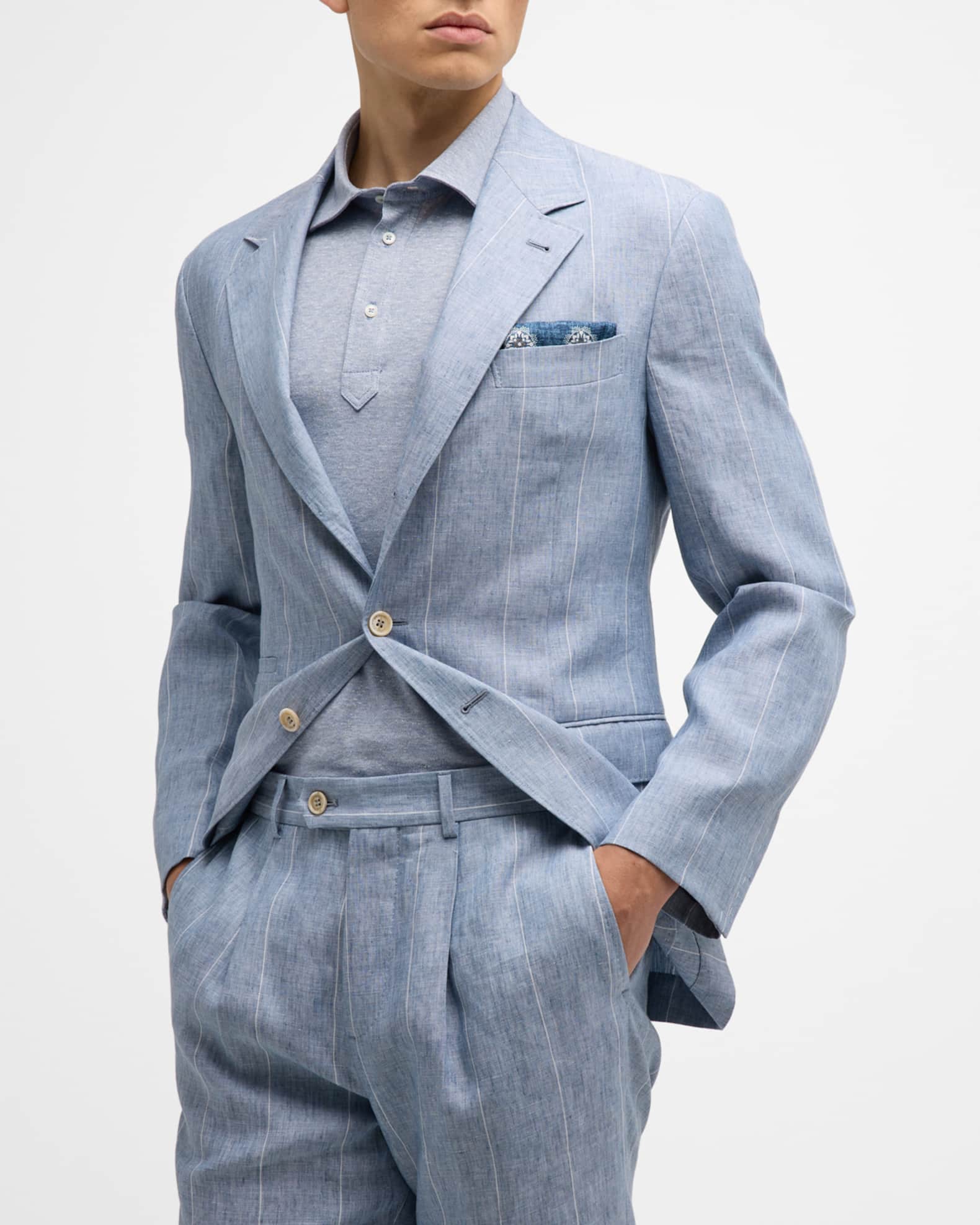 Brunello Cucinelli Men's Linen Wide Stripe Three-Button Suit | Neiman Marcus