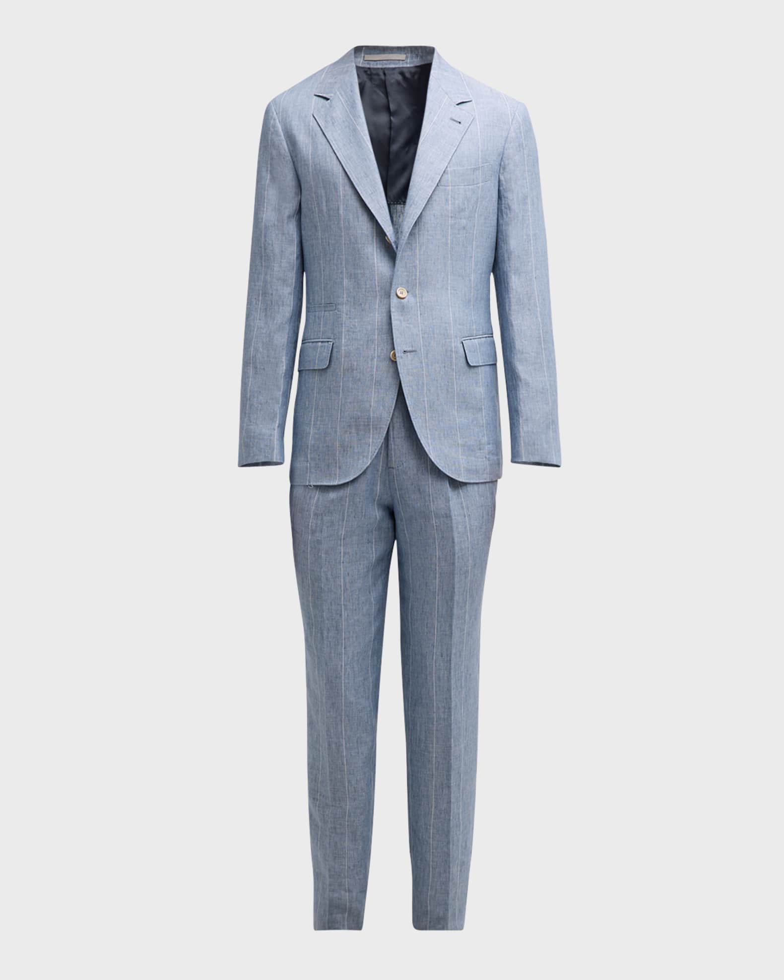 Brunello Cucinelli Men's Linen Wide Stripe Three-Button Suit | Neiman Marcus