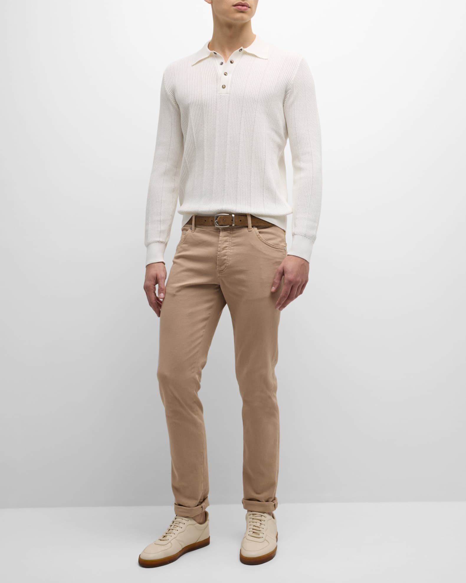 Brunello Cucinelli Men's Cotton Ribbed Polo Sweater | Neiman Marcus