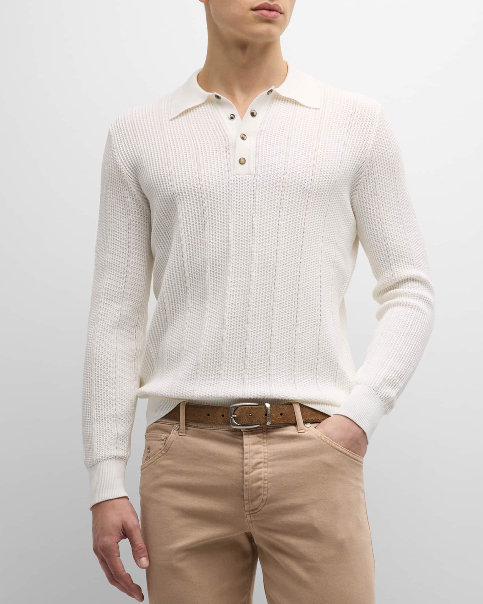 Brunello Cucinelli Men's Cotton Ribbed Polo Sweater | Neiman Marcus