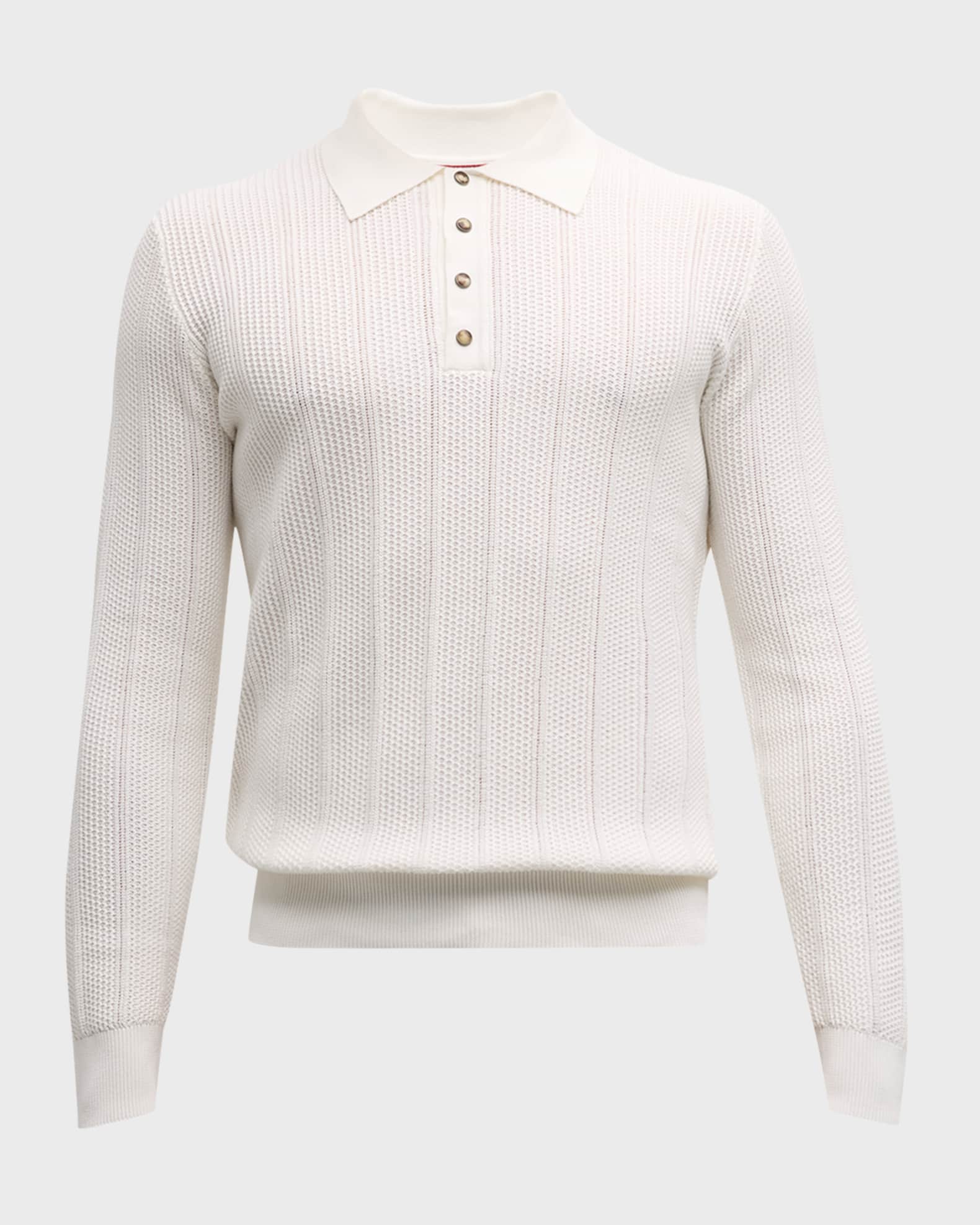 Brunello Cucinelli Men's Cotton Ribbed Polo Sweater | Neiman Marcus
