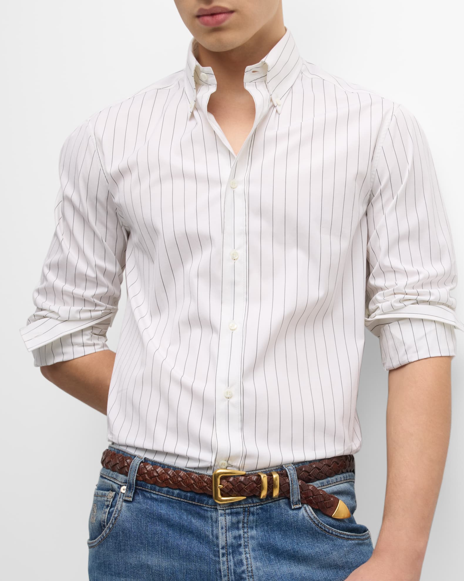 Brunello Cucinelli Men's Poplin Pinstripe Button-Down Shirt | Neiman Marcus