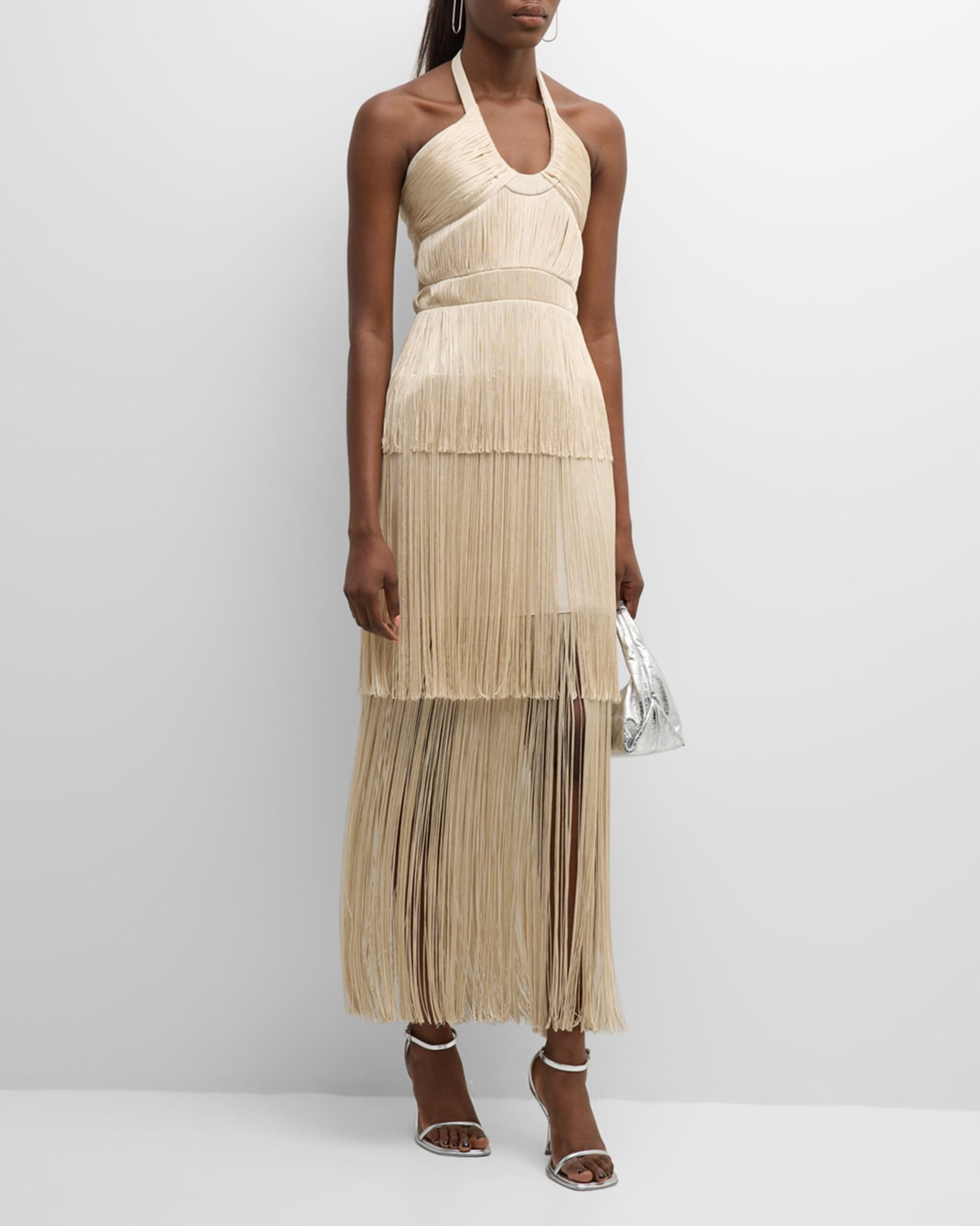 SIMKHAI Baldwin Tiered Fringe Halter Maxi Dress | Neiman Marcus