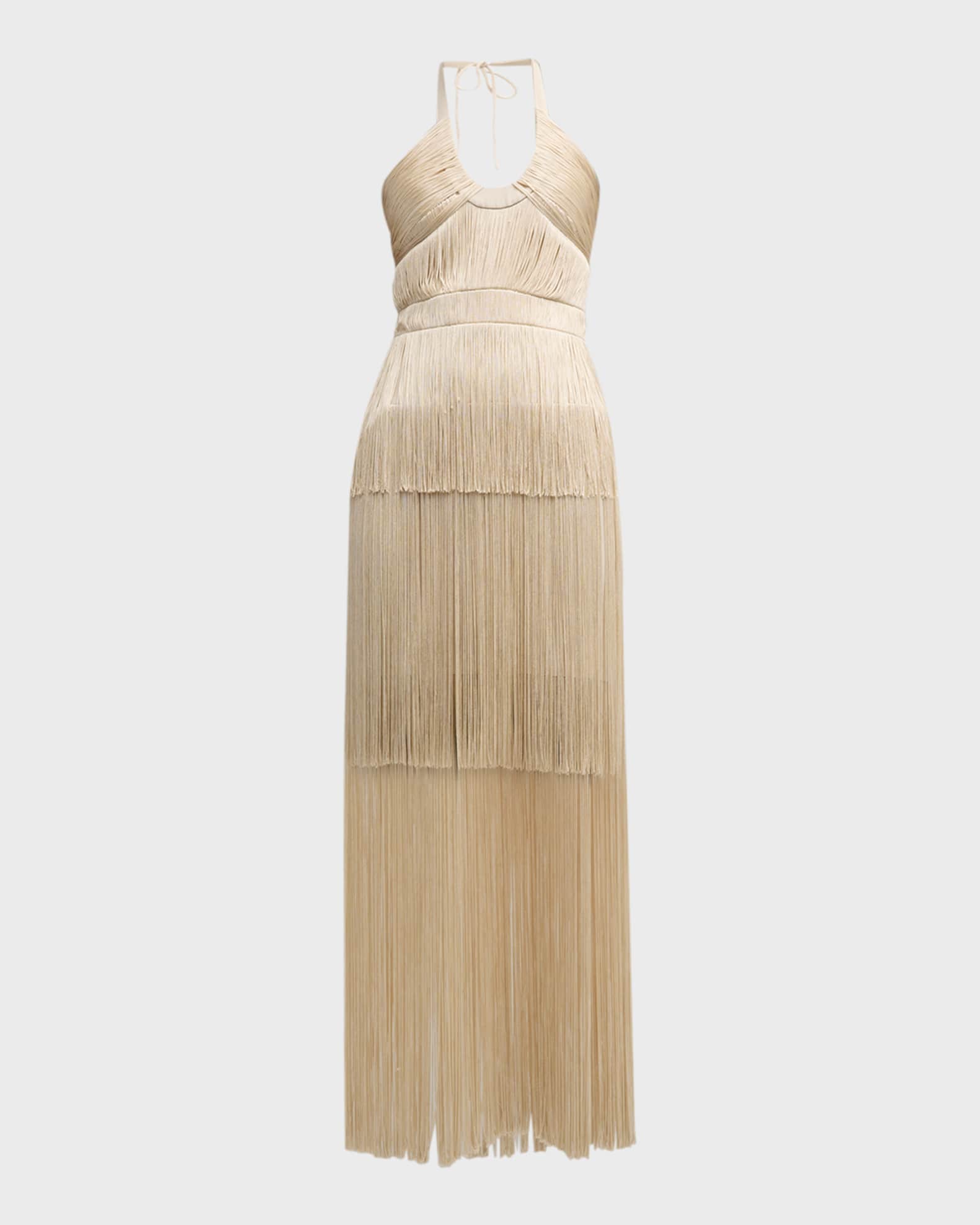 SIMKHAI Baldwin Tiered Fringe Halter Maxi Dress | Neiman Marcus