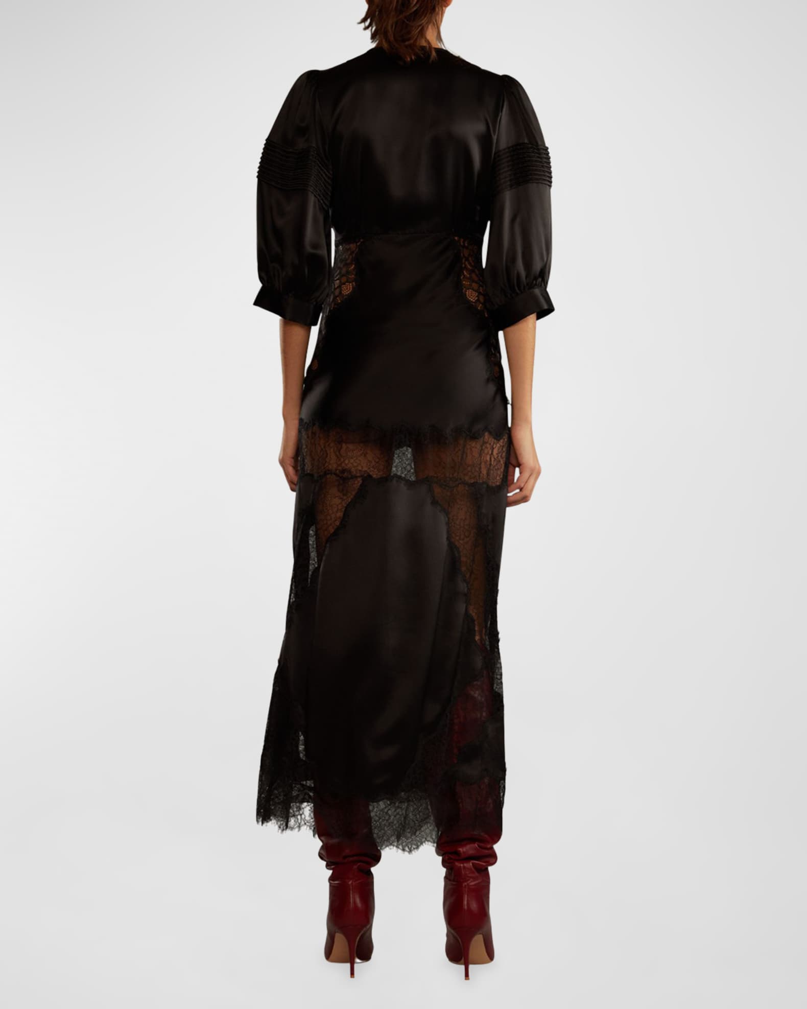 Cynthia Rowley Blouson-Sleeve Lace & Silk Charmeuse Midi Dress | Neiman ...