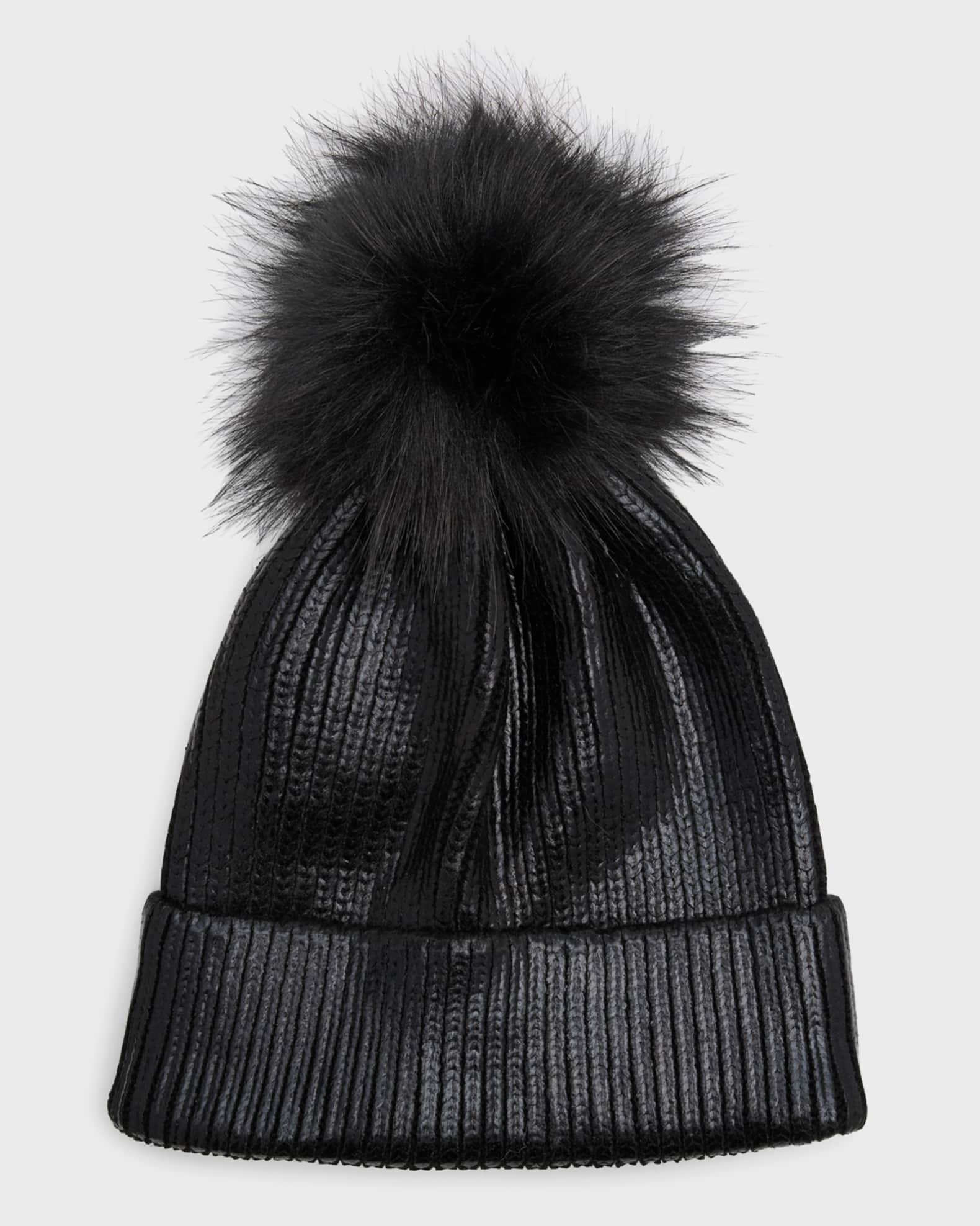 Adrienne Landau Metallic Beanie With Faux Fur Pom | Neiman Marcus