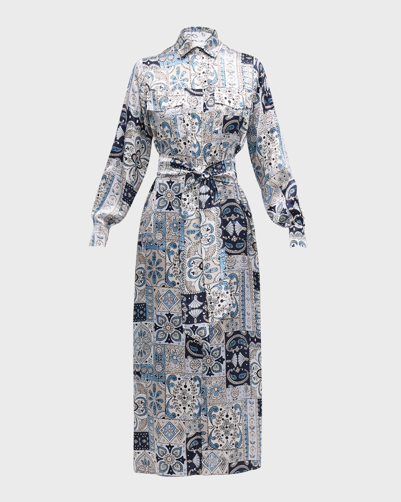 Eleventy Patchwork-Print Silk Midi Shirtdress | Neiman Marcus