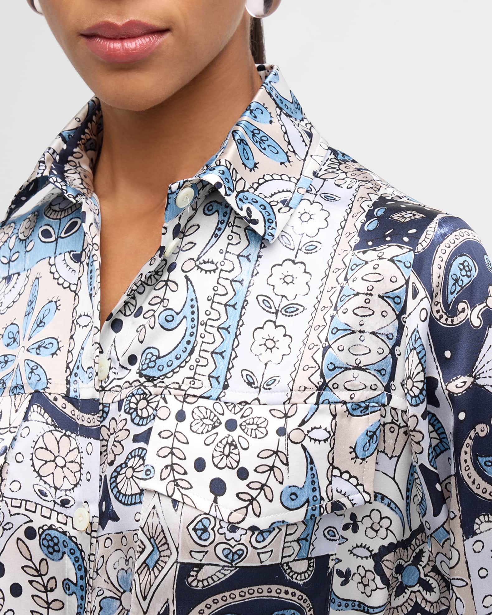 Eleventy Patchwork-Print Silk Midi Shirtdress | Neiman Marcus