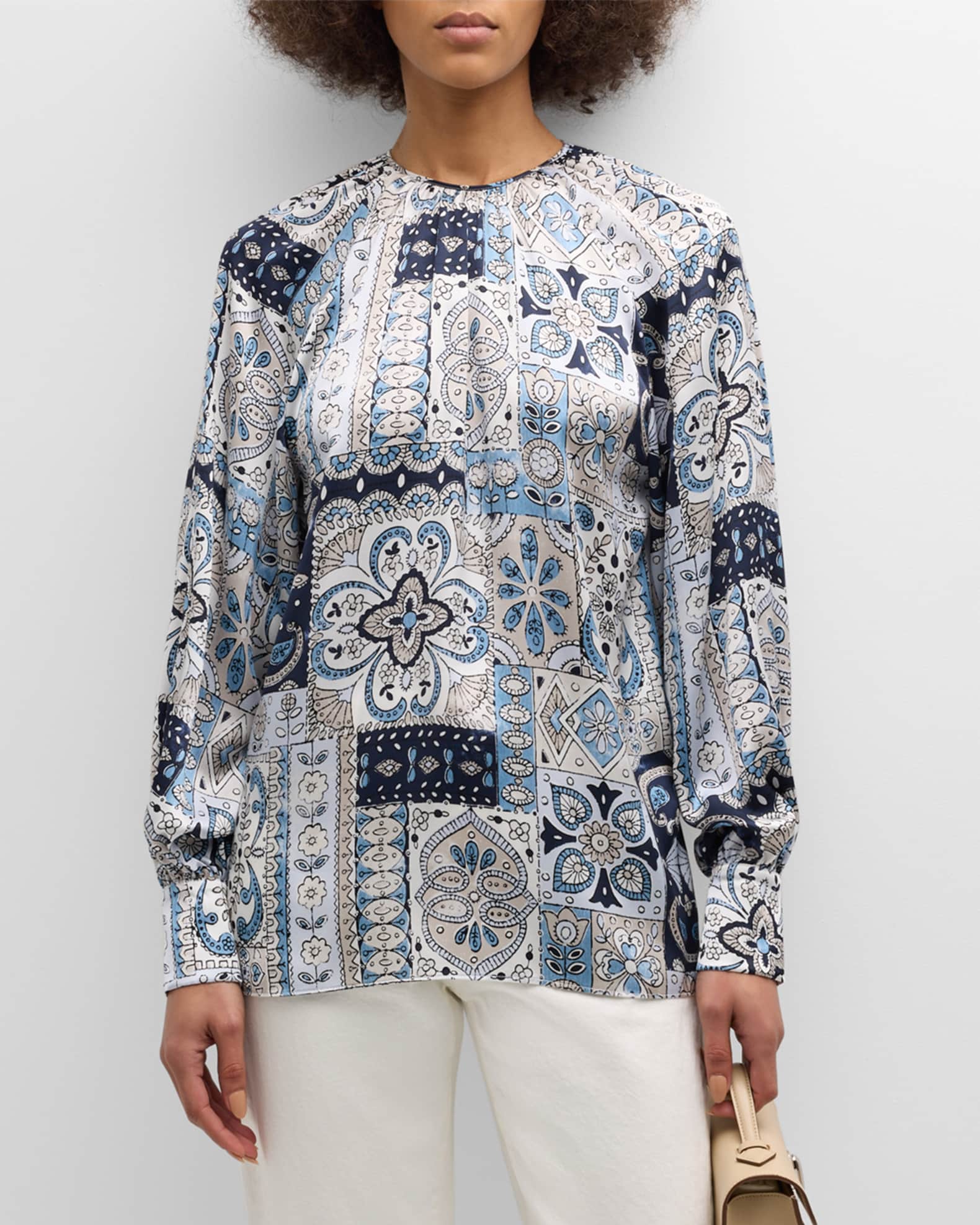 Eleventy Pleated Floral-Print Silk Shirt | Neiman Marcus