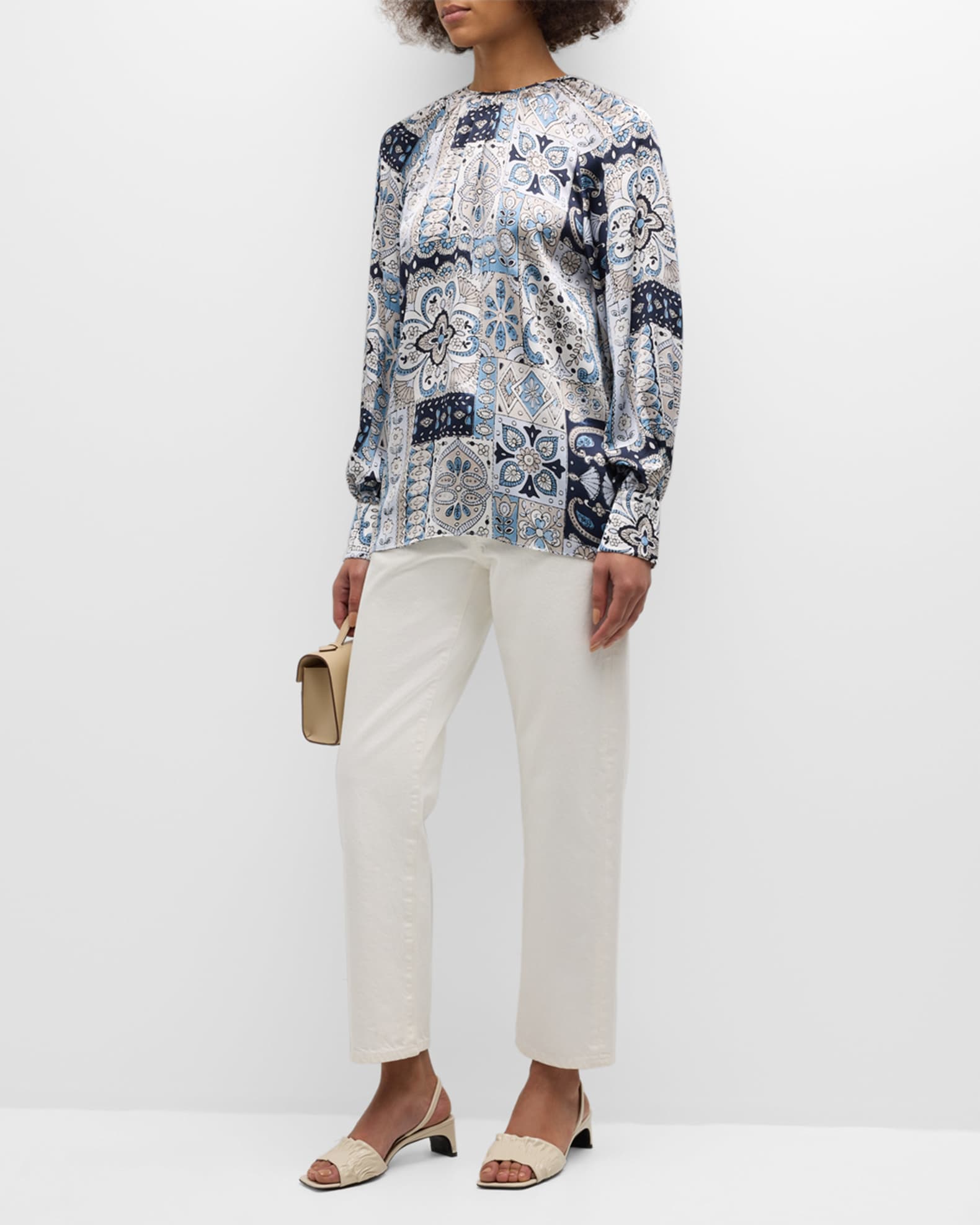 Eleventy Pleated Floral-Print Silk Shirt | Neiman Marcus