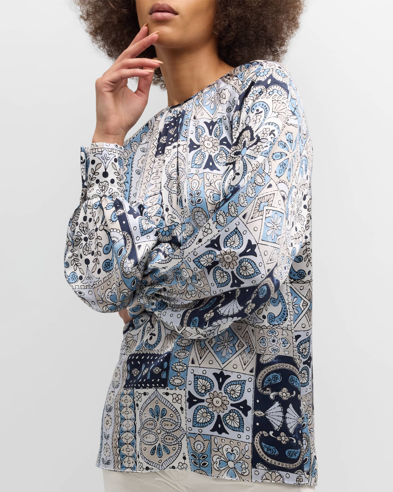 Eleventy Pleated Floral-Print Silk Shirt | Neiman Marcus