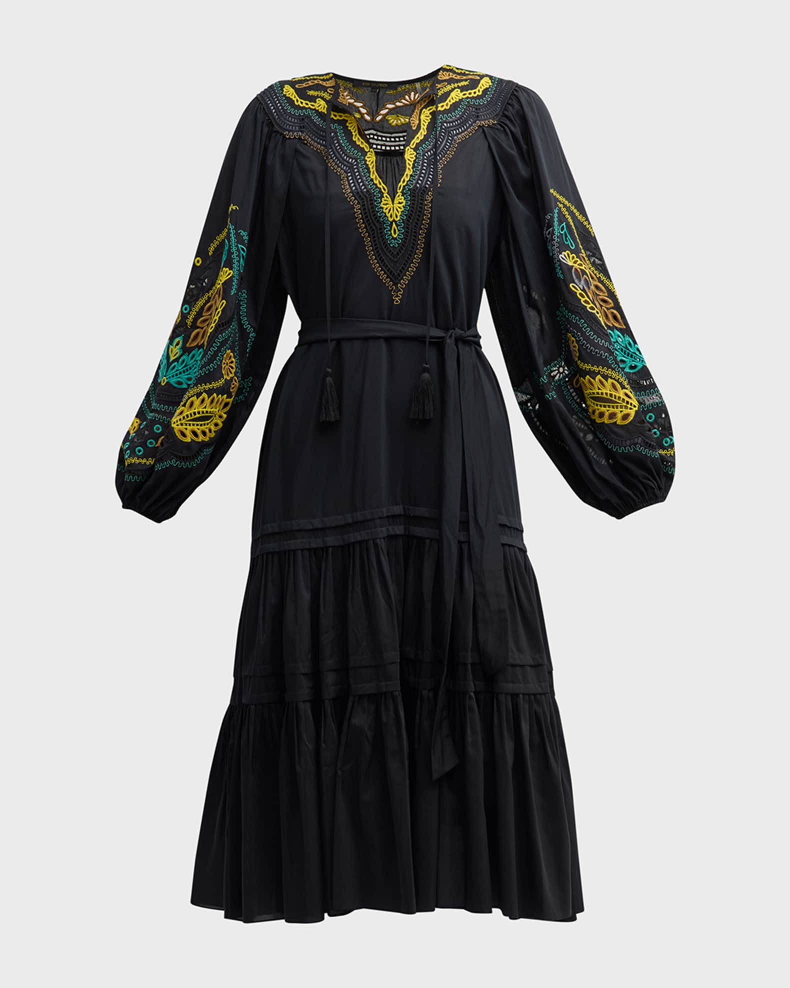 Kobi Halperin Val Embroidered Blouson-Sleeve Midi Dress | Neiman Marcus