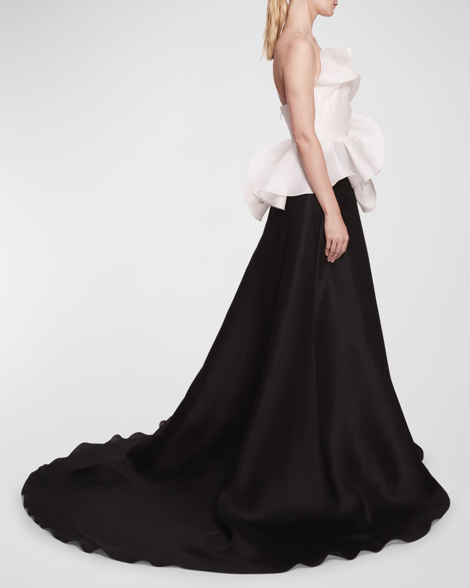 Marchesa Colorblock Cascading Ruffle Strapless Silk Gown | Neiman Marcus