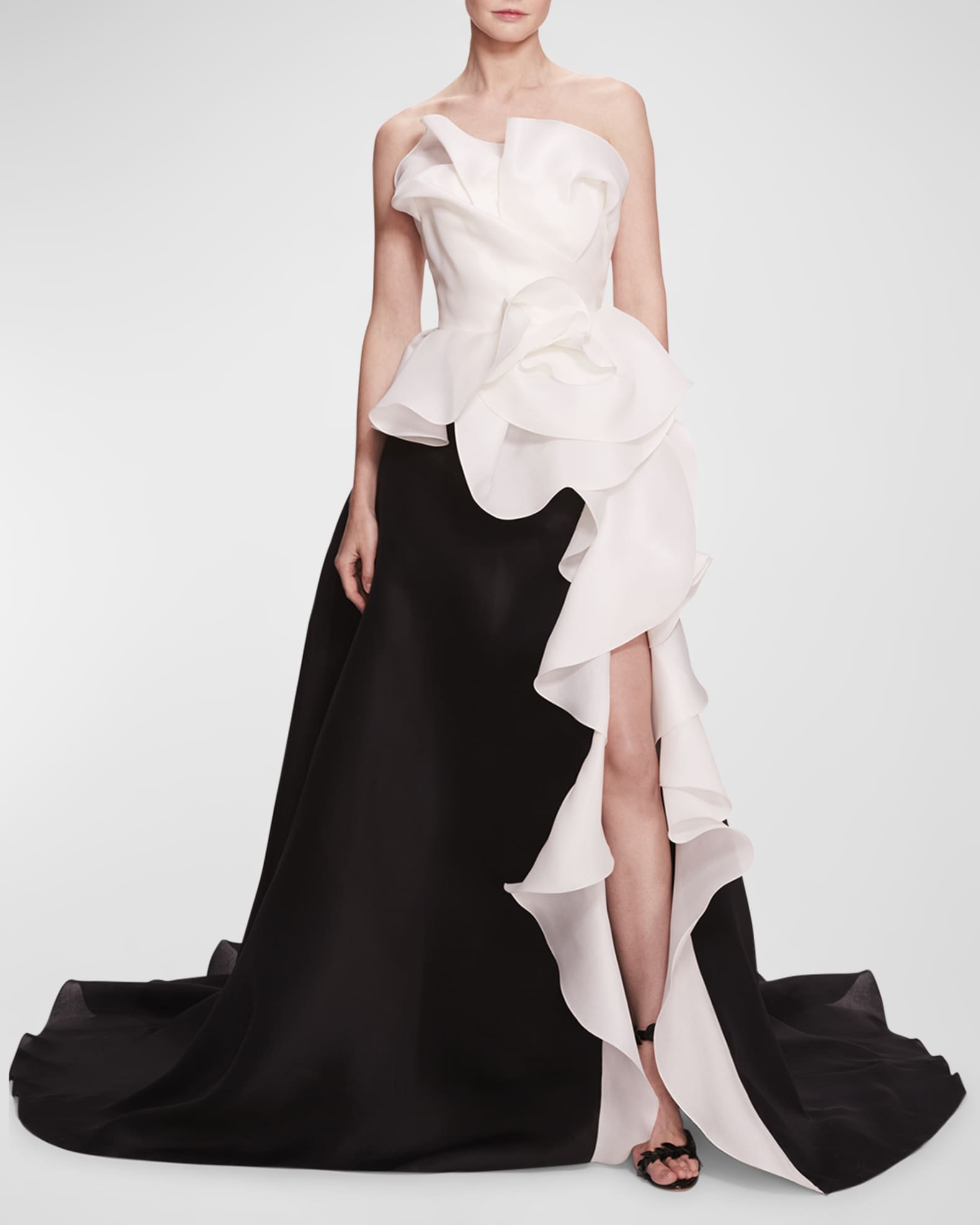 Marchesa Colorblock Cascading Ruffle Strapless Silk Gown | Neiman Marcus