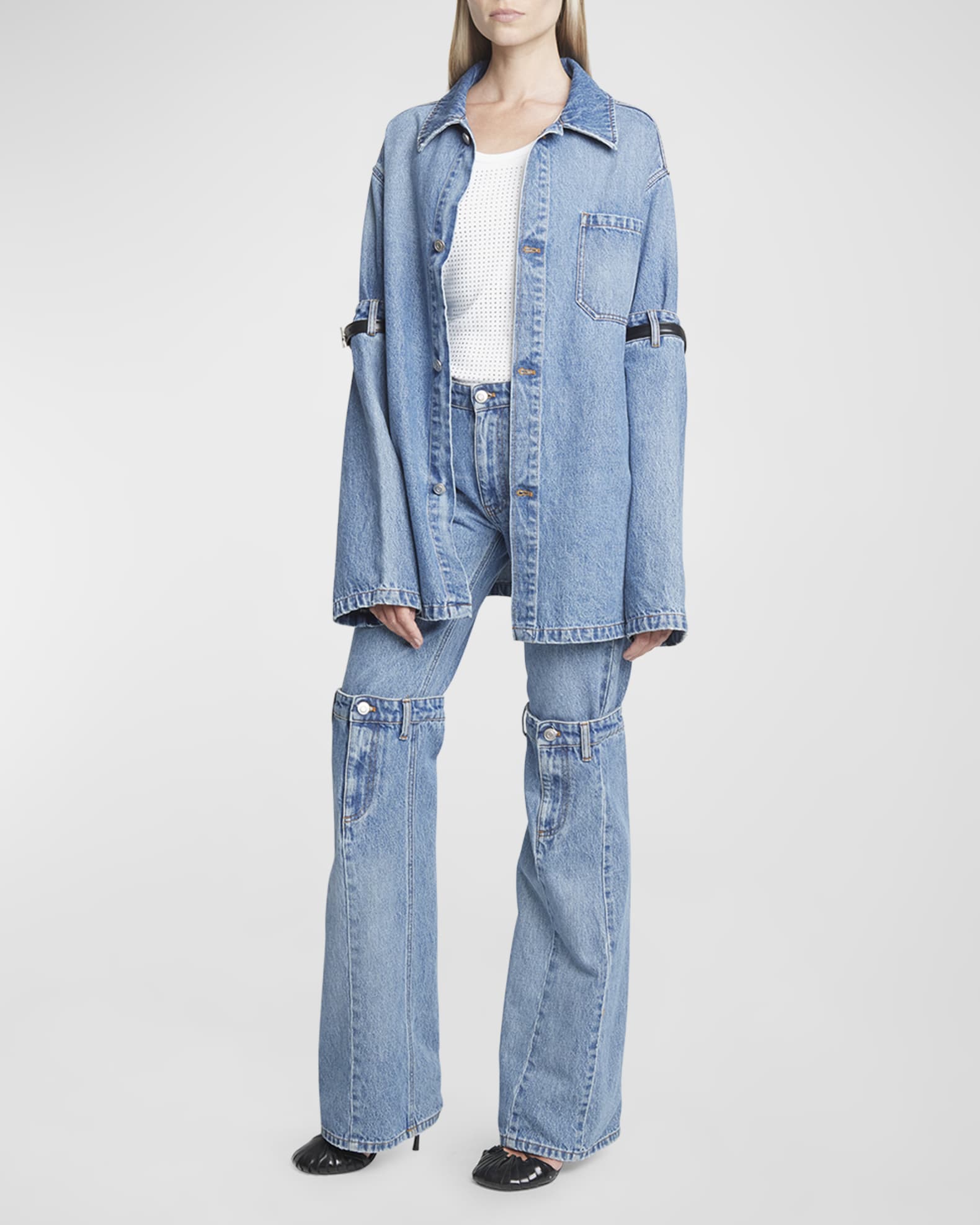 Coperni Oversize Denim Jacket with Open Elbow Detail | Neiman Marcus