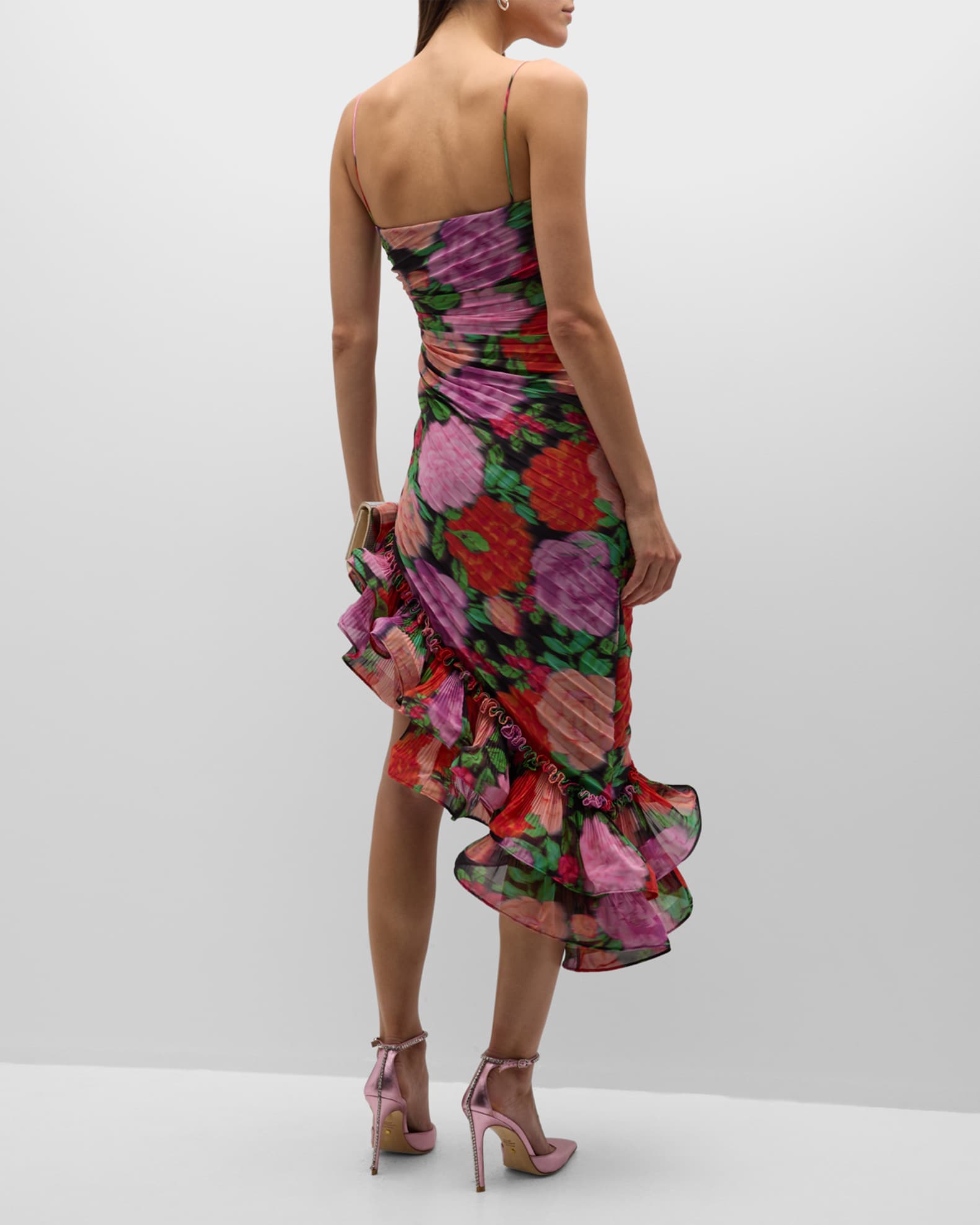 Ungaro Jude Pleated Floral-Print Ruffle Midi Dress | Neiman Marcus
