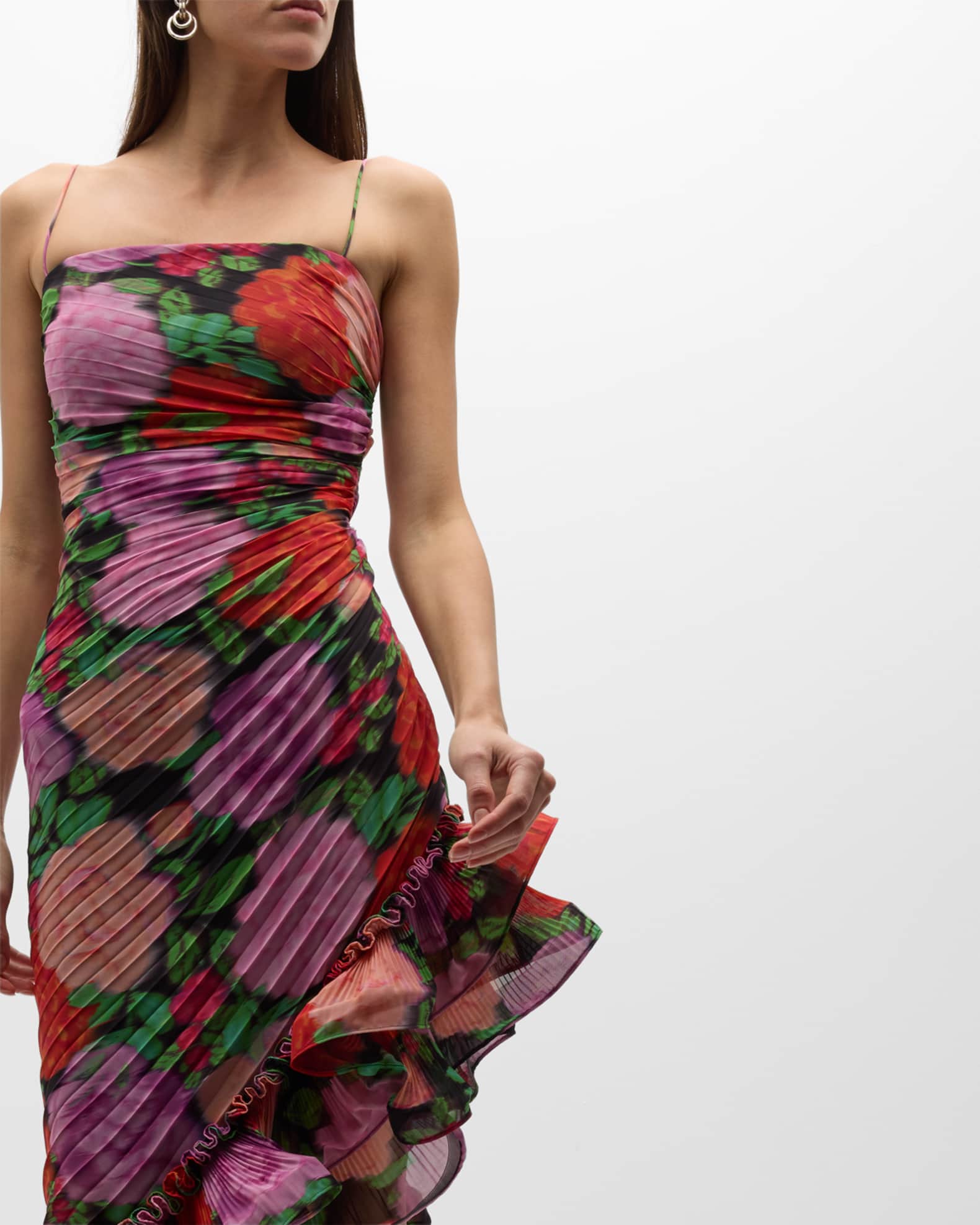 Ungaro Jude Pleated Floral-Print Ruffle Midi Dress | Neiman Marcus
