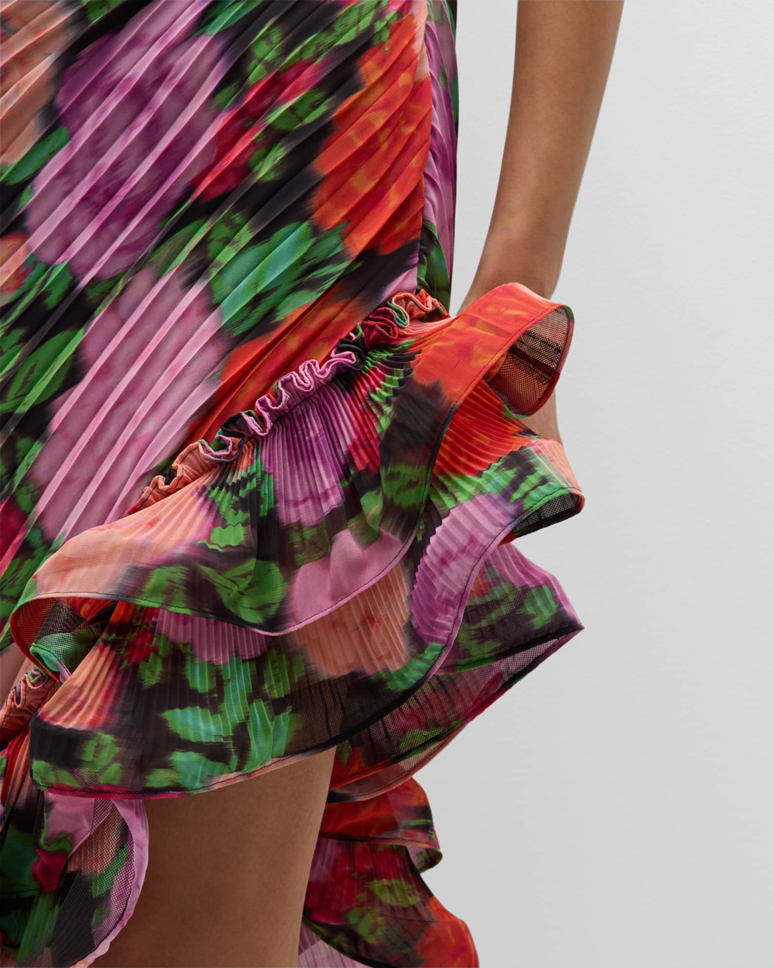 Ungaro Jude Pleated Floral-Print Ruffle Midi Dress | Neiman Marcus