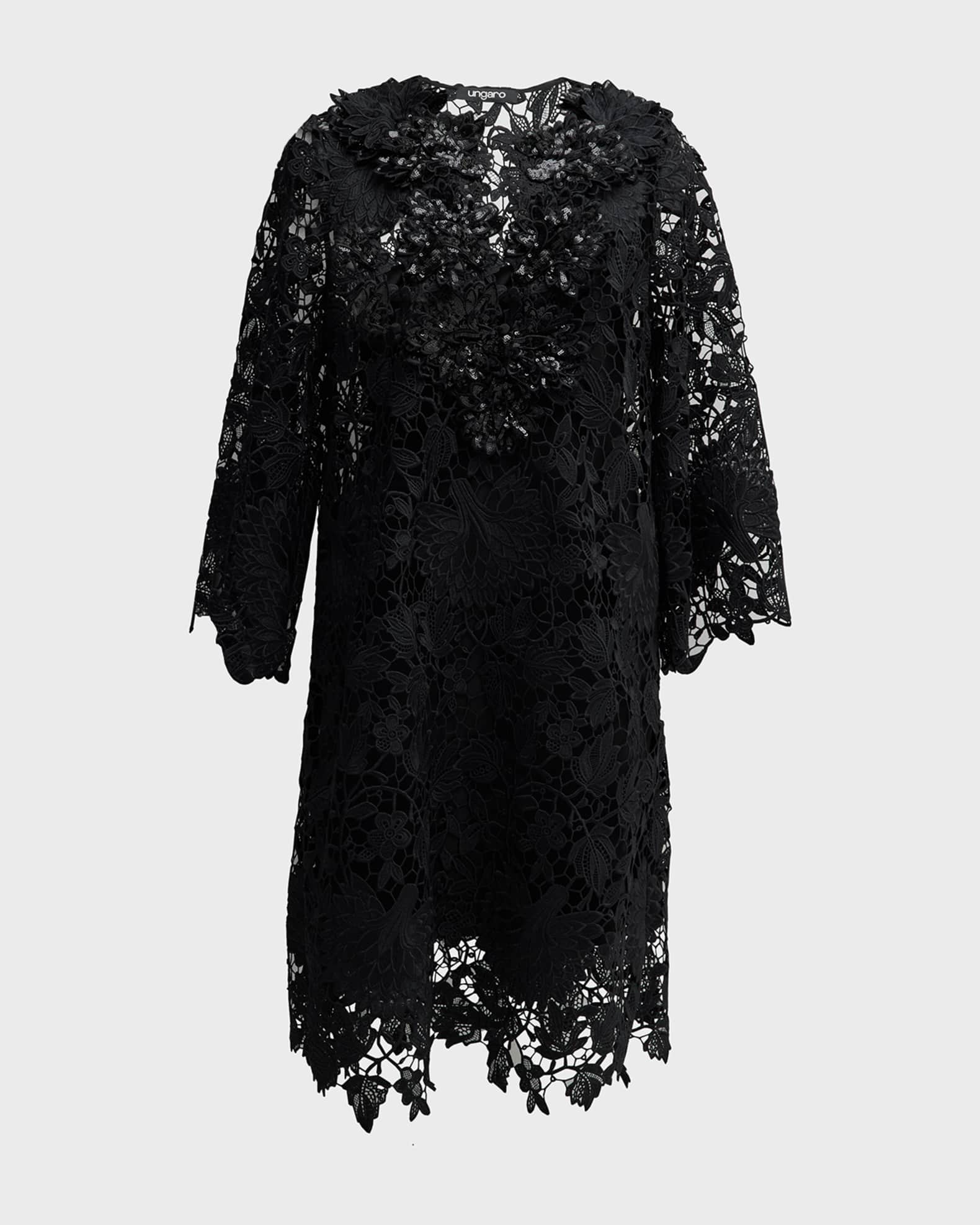 Ungaro Hannah 3/4-Sleeve Floral Lace Shift Dress | Neiman Marcus