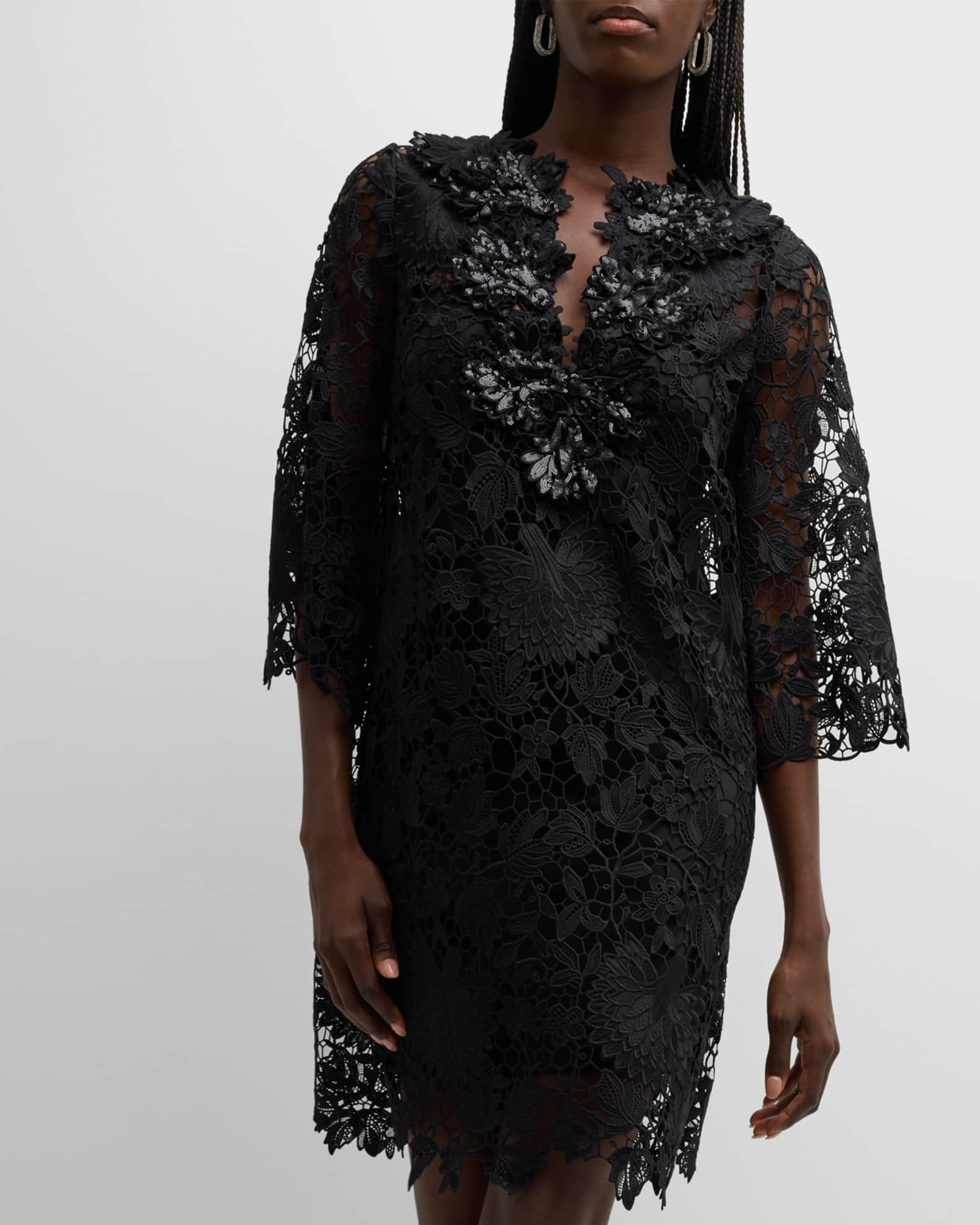 Ungaro Hannah 3/4-Sleeve Floral Lace Shift Dress | Neiman Marcus