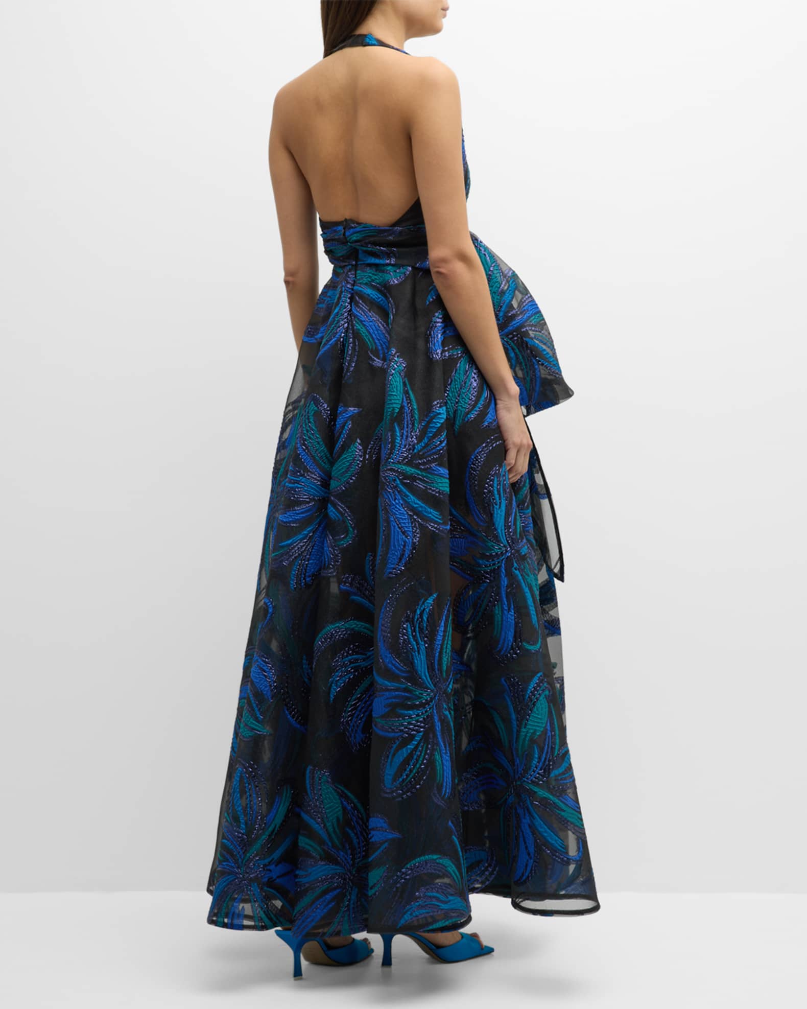 Talbot Runhof Metallic Wheel Flower Jacquard Organza Halter Gown ...