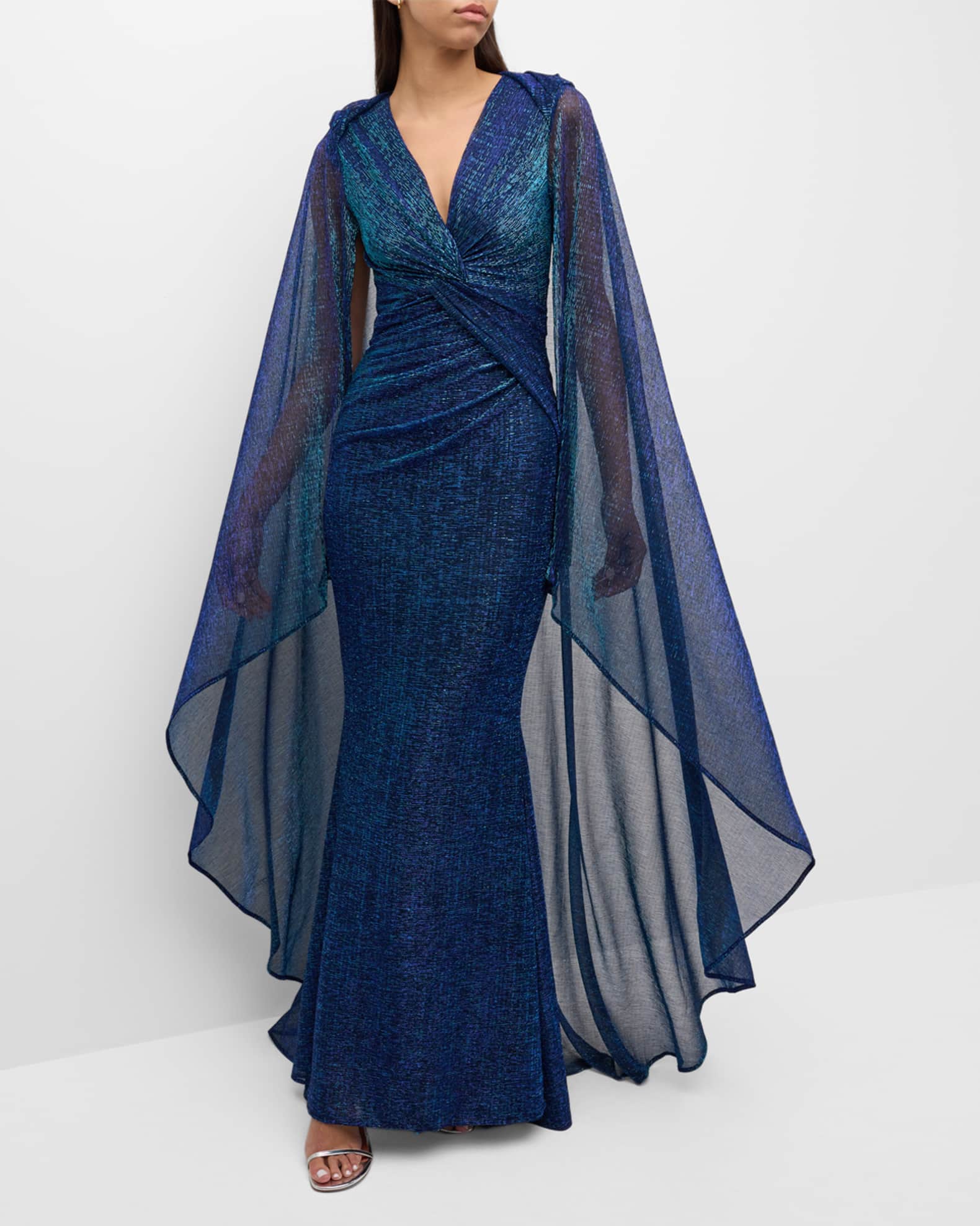 Talbot Runhof Matrix Metallic Cape Twisted Trumpet Gown | Neiman Marcus