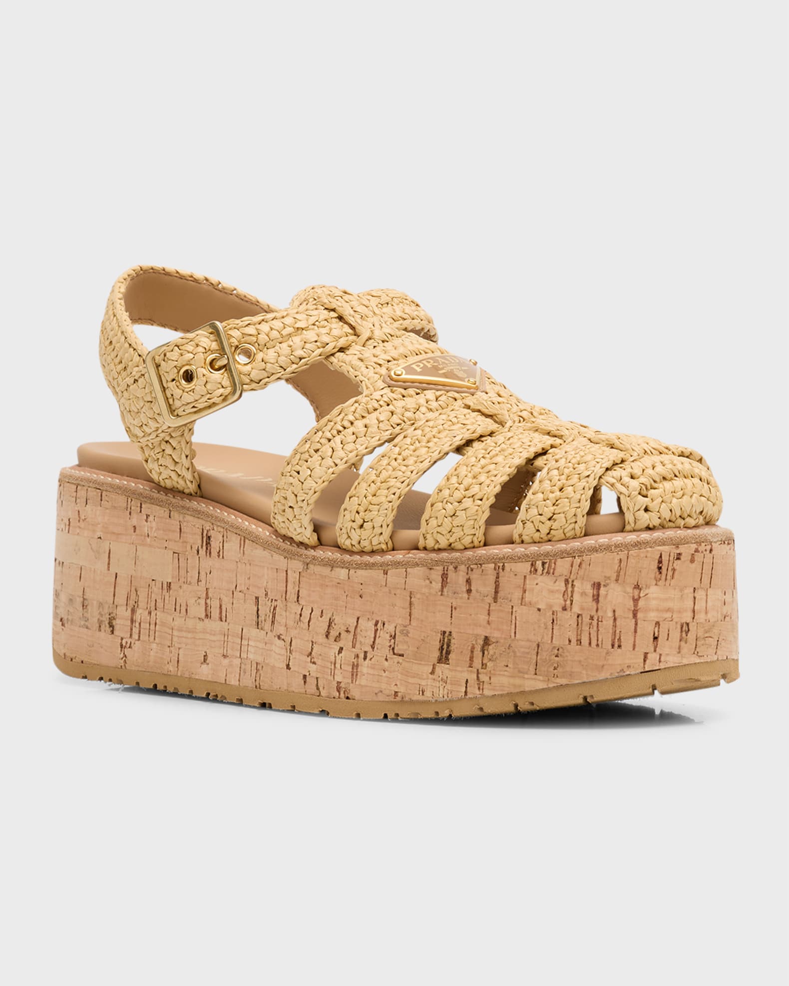 Prada Raffia Cork Platform Fisherman Sandals | Neiman Marcus