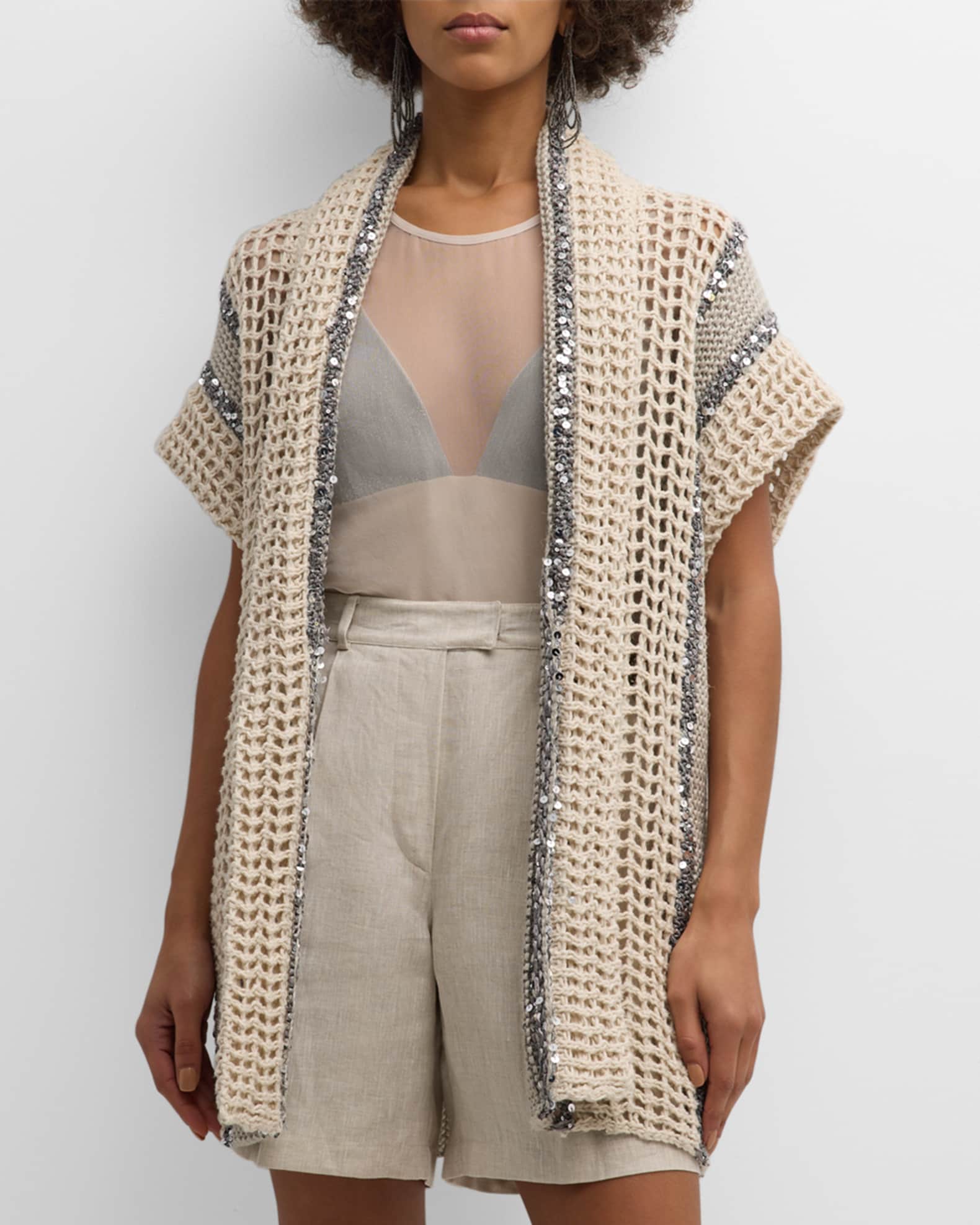 Brunello Cucinelli Open-Knit Long Net Cardigan with Paillette Detail ...