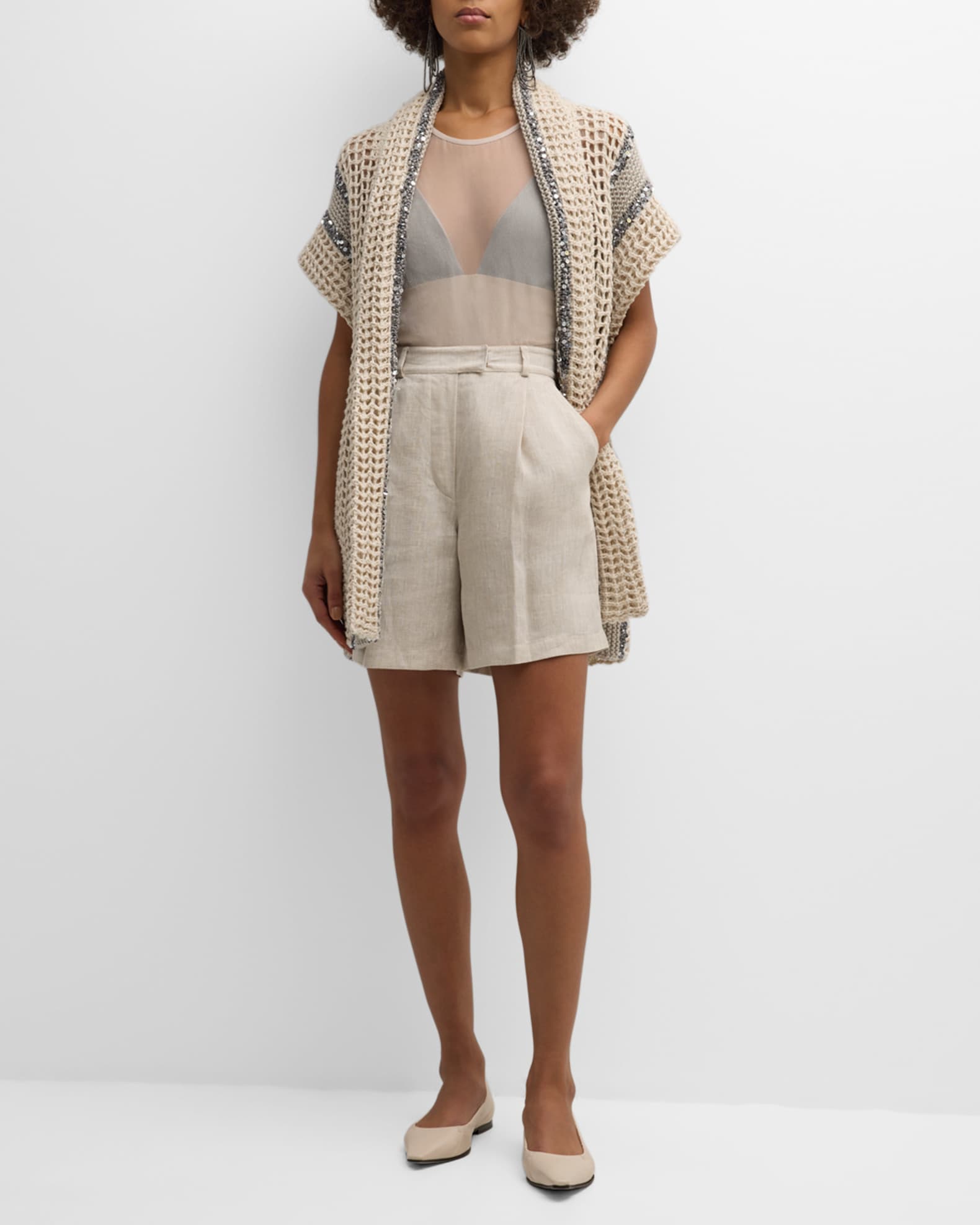 Brunello Cucinelli Open-Knit Long Net Cardigan with Paillette Detail ...