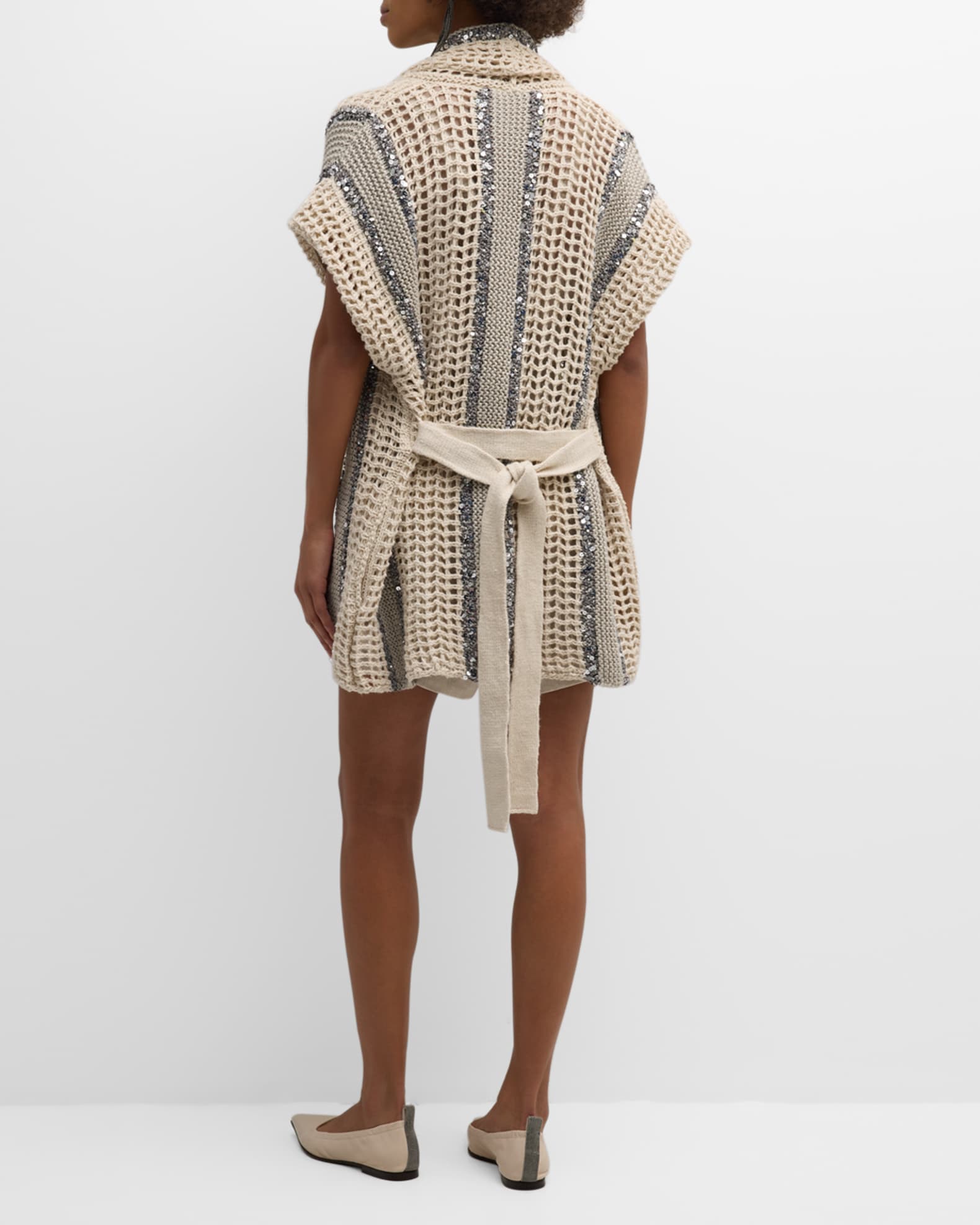 Brunello Cucinelli Open-Knit Long Net Cardigan with Paillette Detail ...