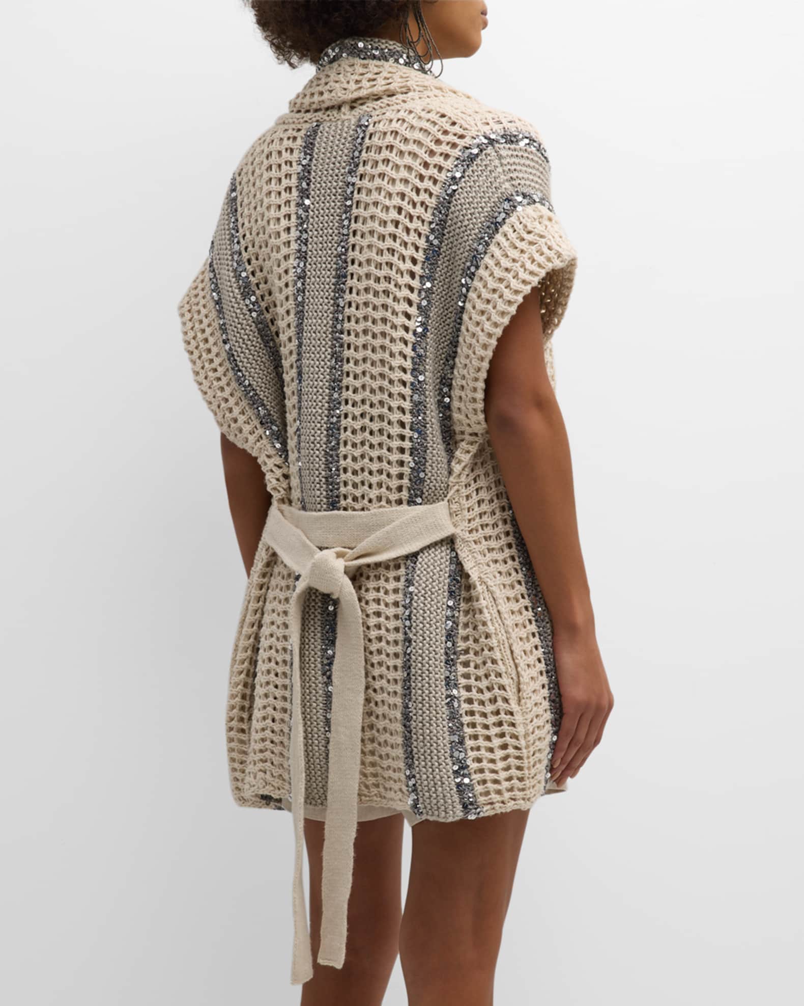 Brunello Cucinelli Open-Knit Long Net Cardigan with Paillette Detail ...