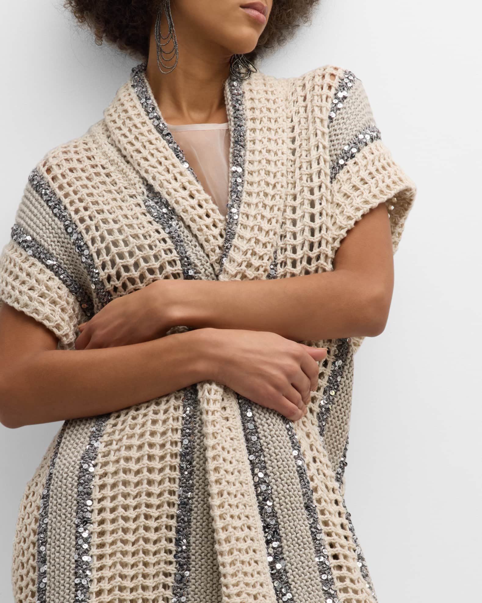 Brunello Cucinelli Open-Knit Long Net Cardigan with Paillette Detail ...