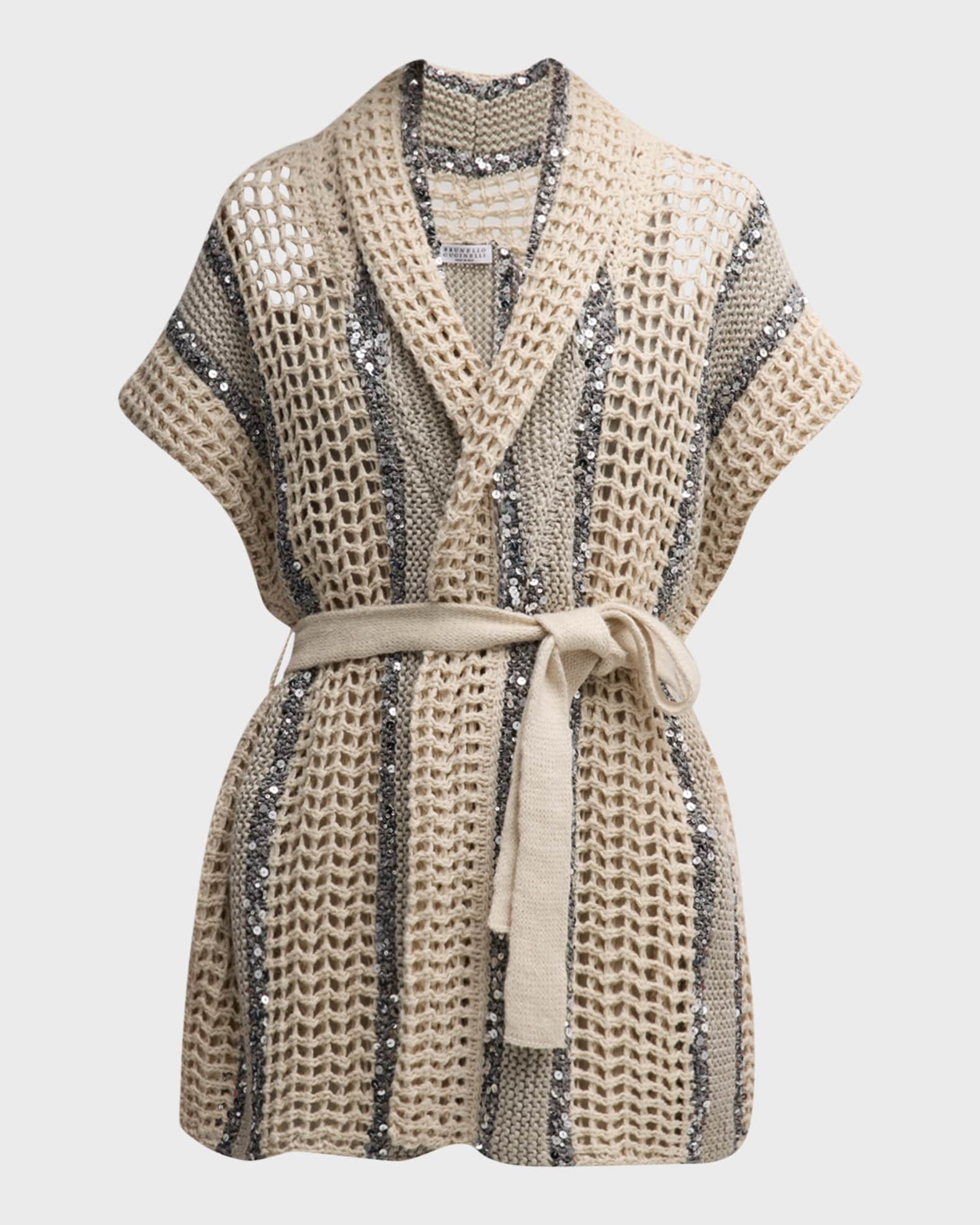 Brunello Cucinelli Open-Knit Long Net Cardigan with Paillette Detail | Neiman Marcus
