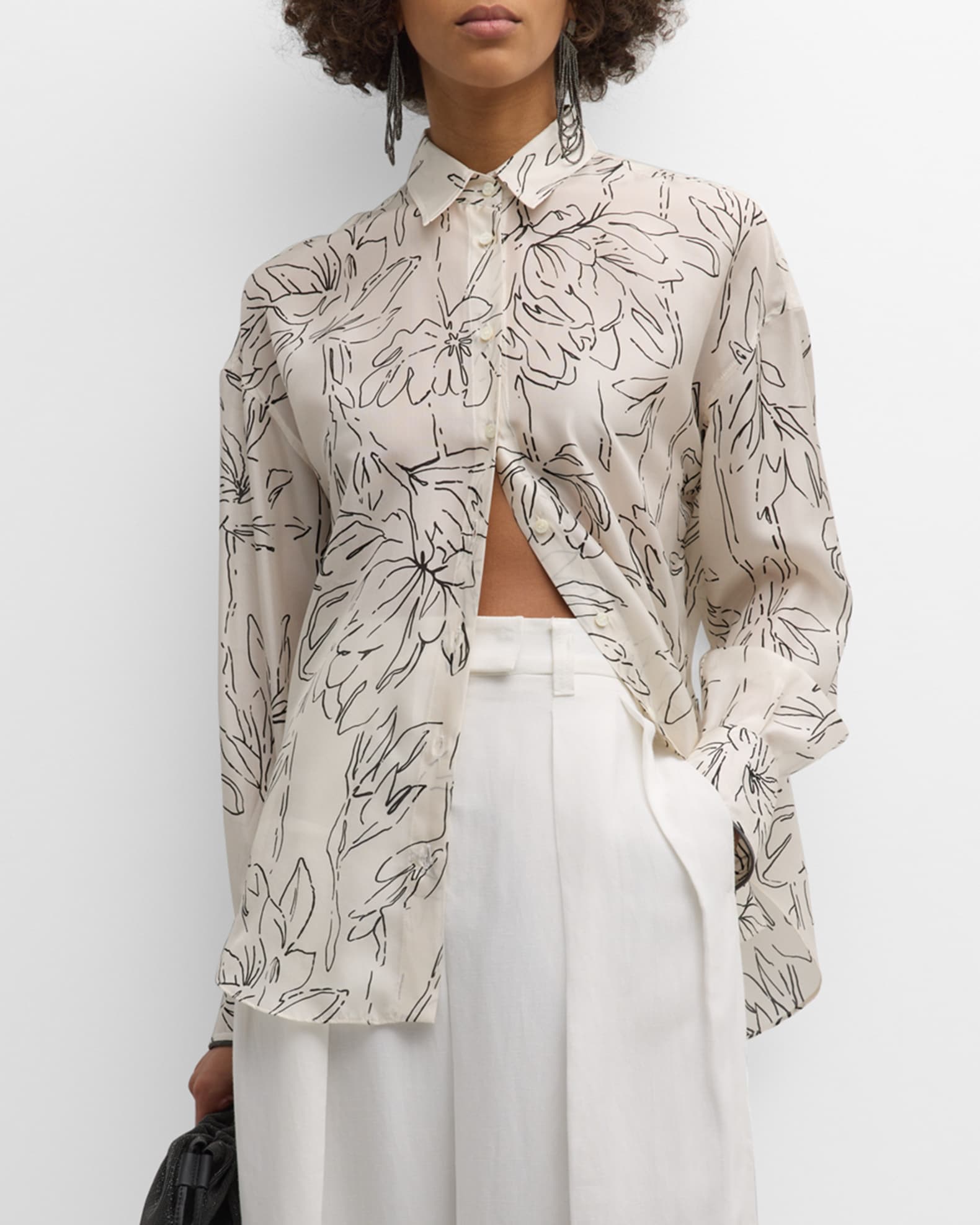 Brunello Cucinelli Magnolia Outline Silk Button-Front Blouse | Neiman ...