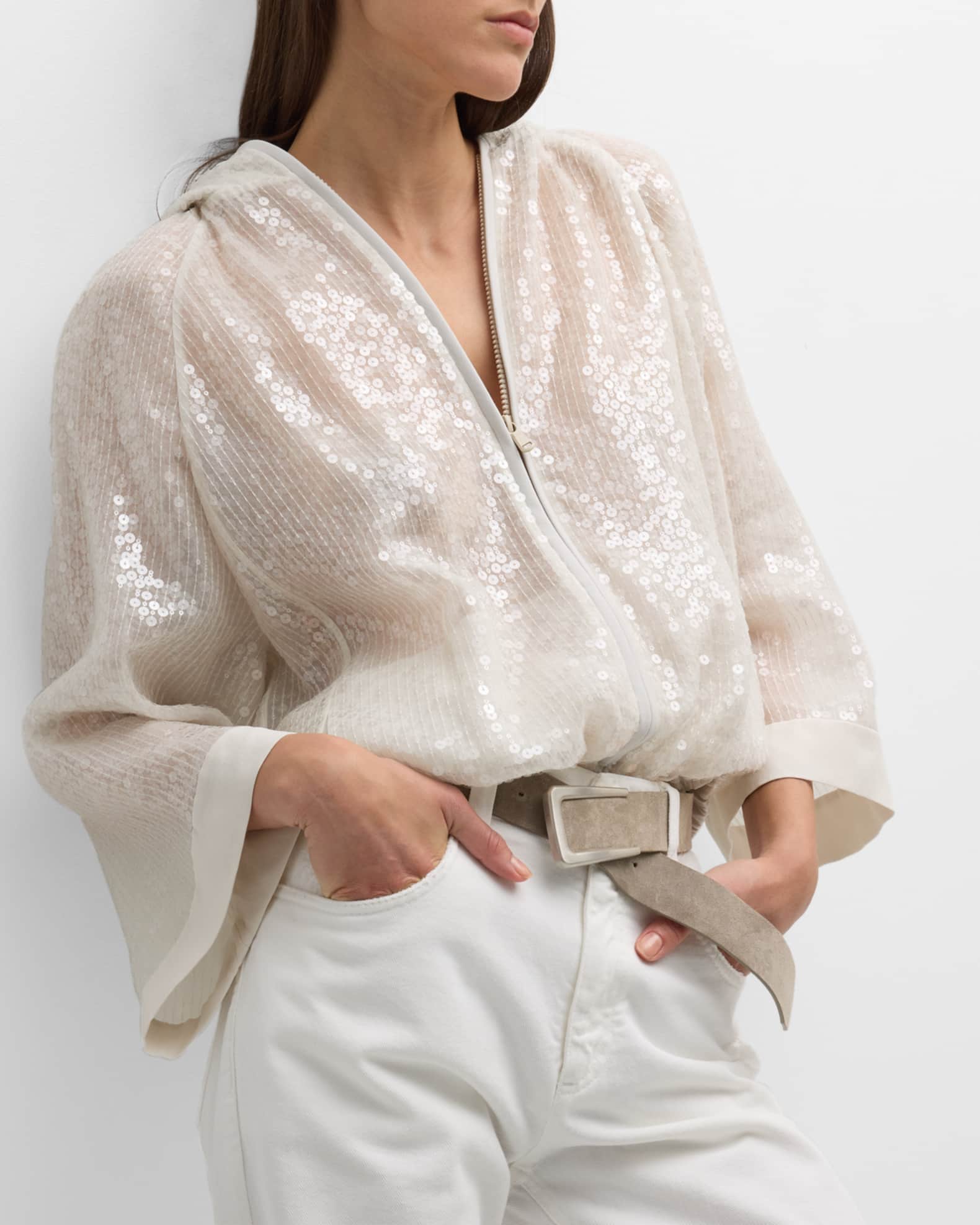 Brunello Cucinelli Cripsy Silk Paillette Hooded Jacket | Neiman Marcus