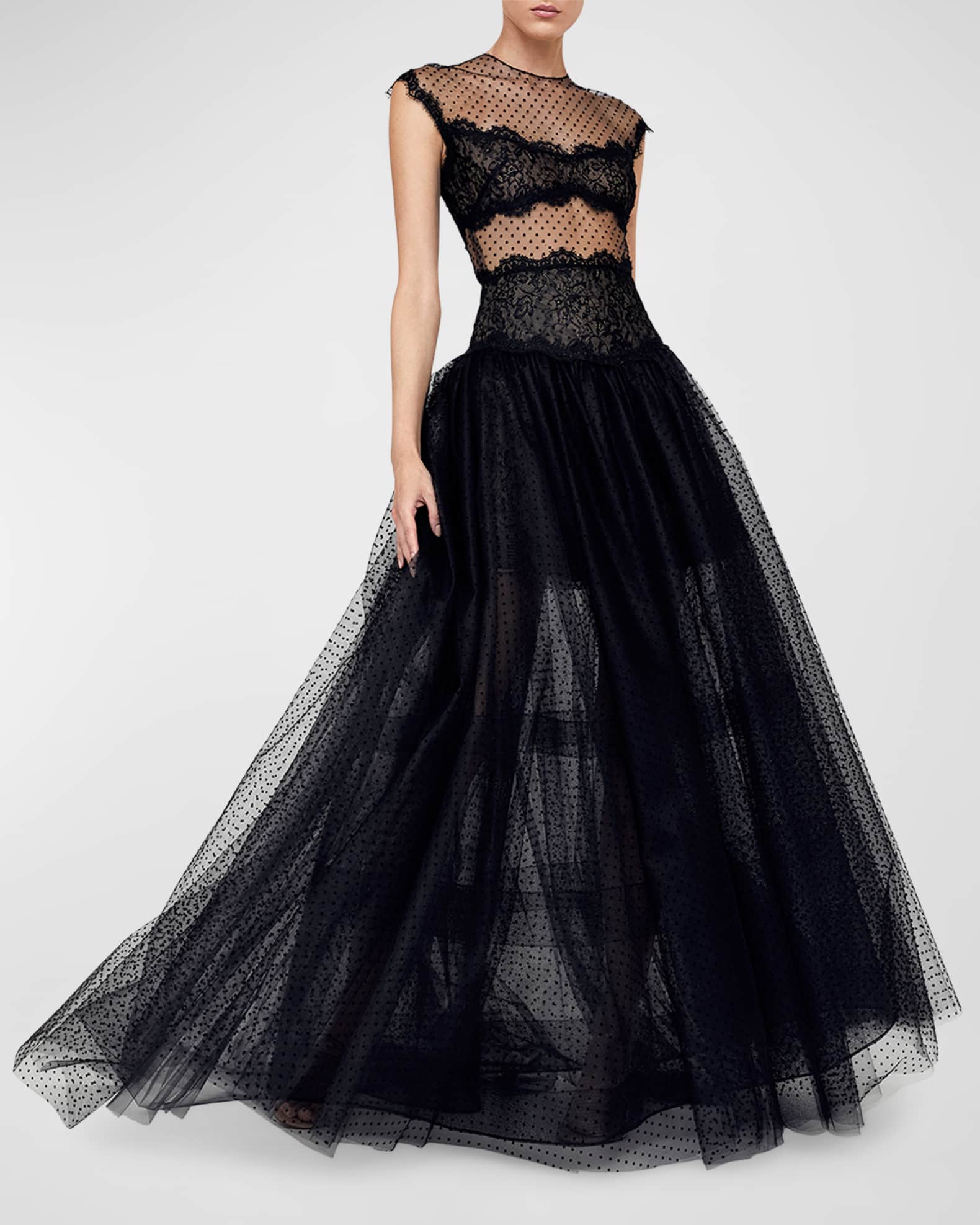 Atelier Prabal Gurung Dede Lace-Panel Cap-Sleeve Swiss Dot Tulle Gown ...