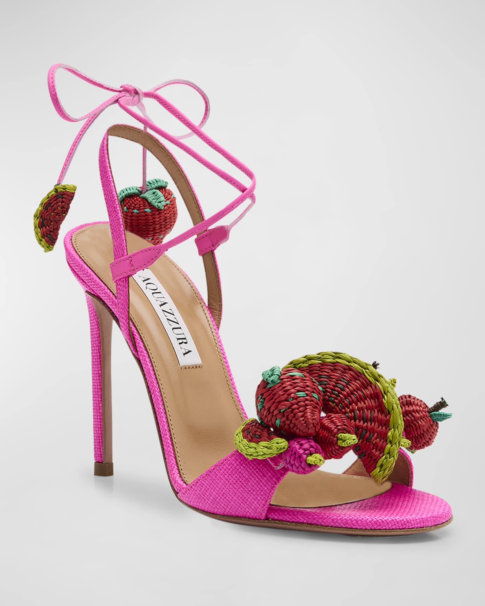 Aquazzura Strawberry Punch Raffia Ankle-Tie Sandals | Neiman Marcus
